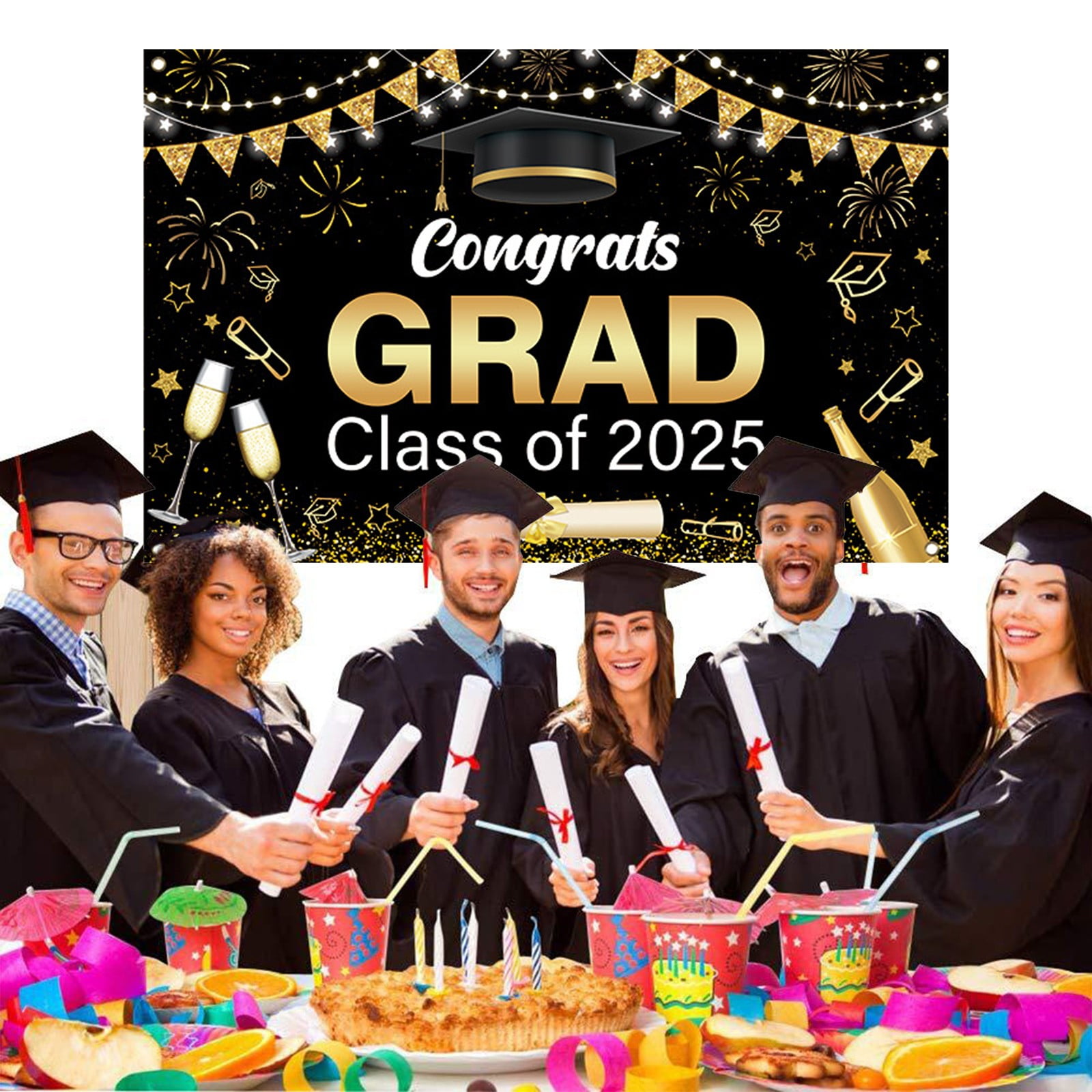 Graduation Banner Class of 2025， Black Gold Congrats Grad Class of 2025 ...