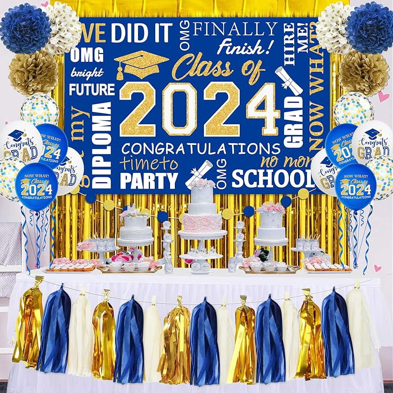 Graduation Banner Class of 2024, Blue and Gold Class of 2024 Backdrop ...