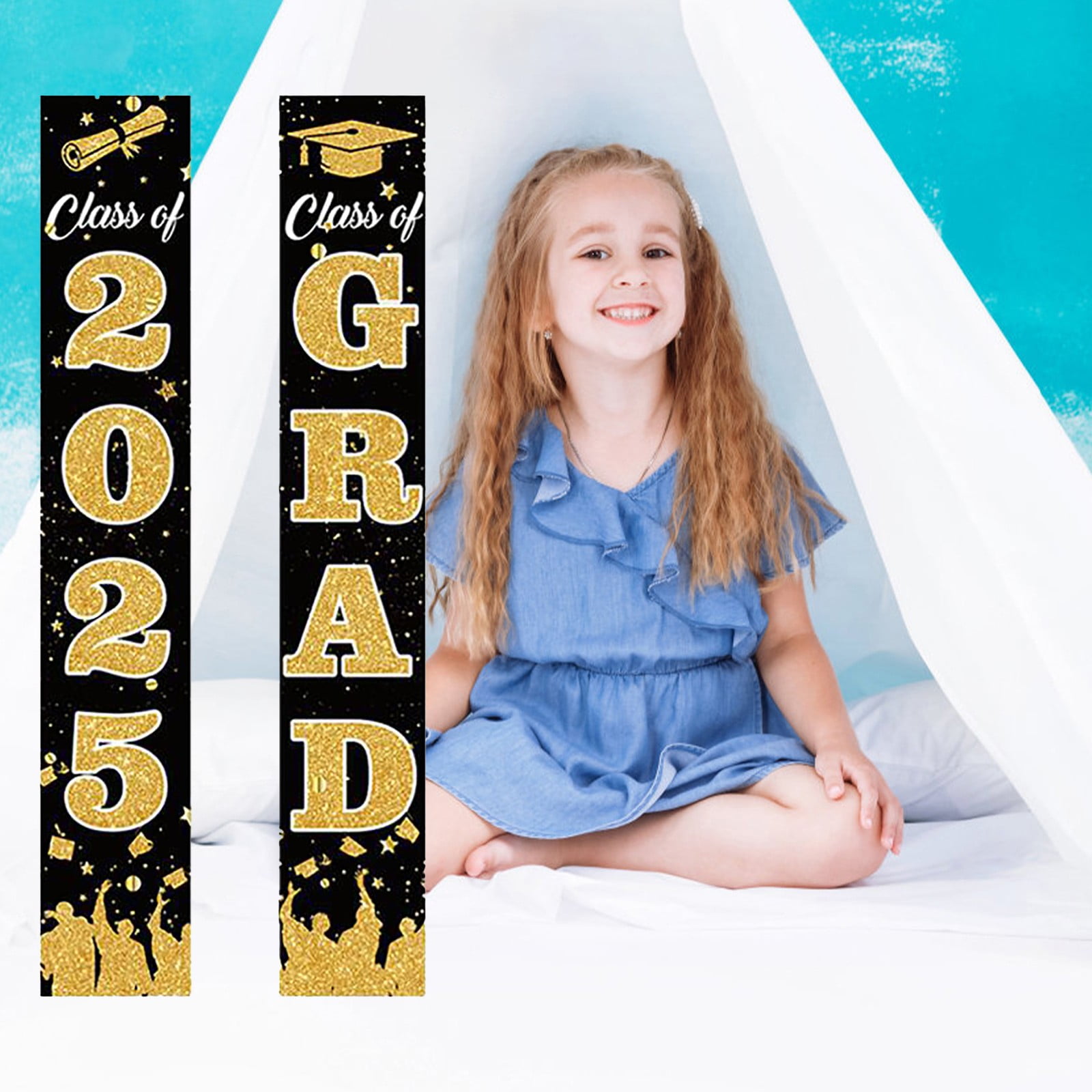 Graduation Banner Class of 2025 Black and Gold Glitter Porch Sign for ...
