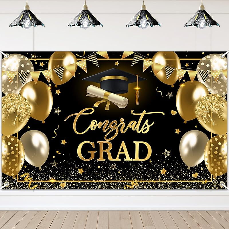 Graduation Banner Congrats Grad Class of 2025 Backdrop Black Gold ...
