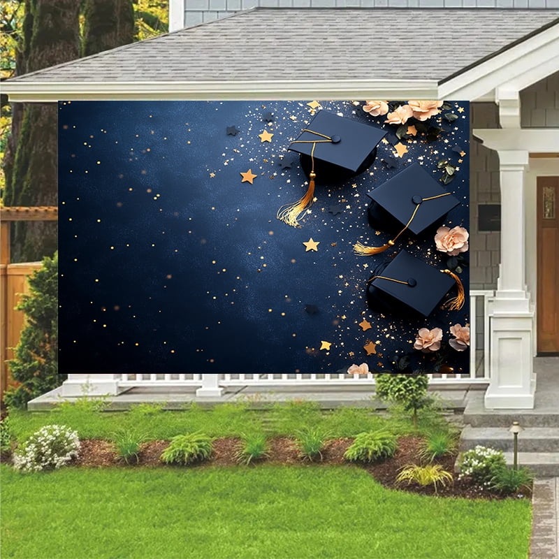Graduation Banner Navy Blue Graduation Celebration Backdrop Golden ...
