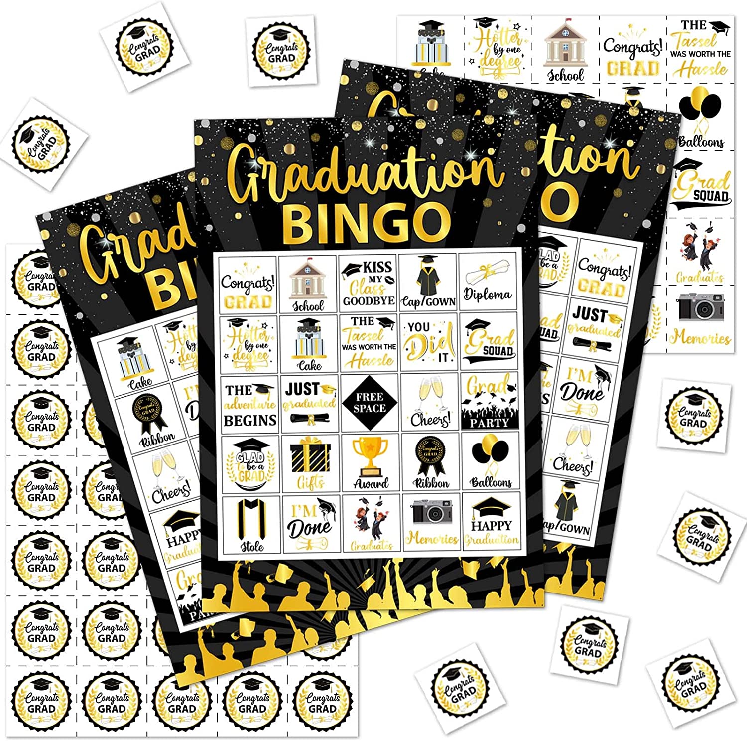 Graduation Bingo Games Black Gold Graduation Game for 24 Players ...