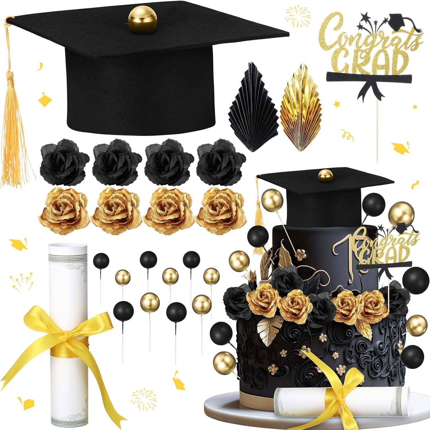 Graduation Cake Kit Included Felt Graduation Cap Diploma Classic Black ...