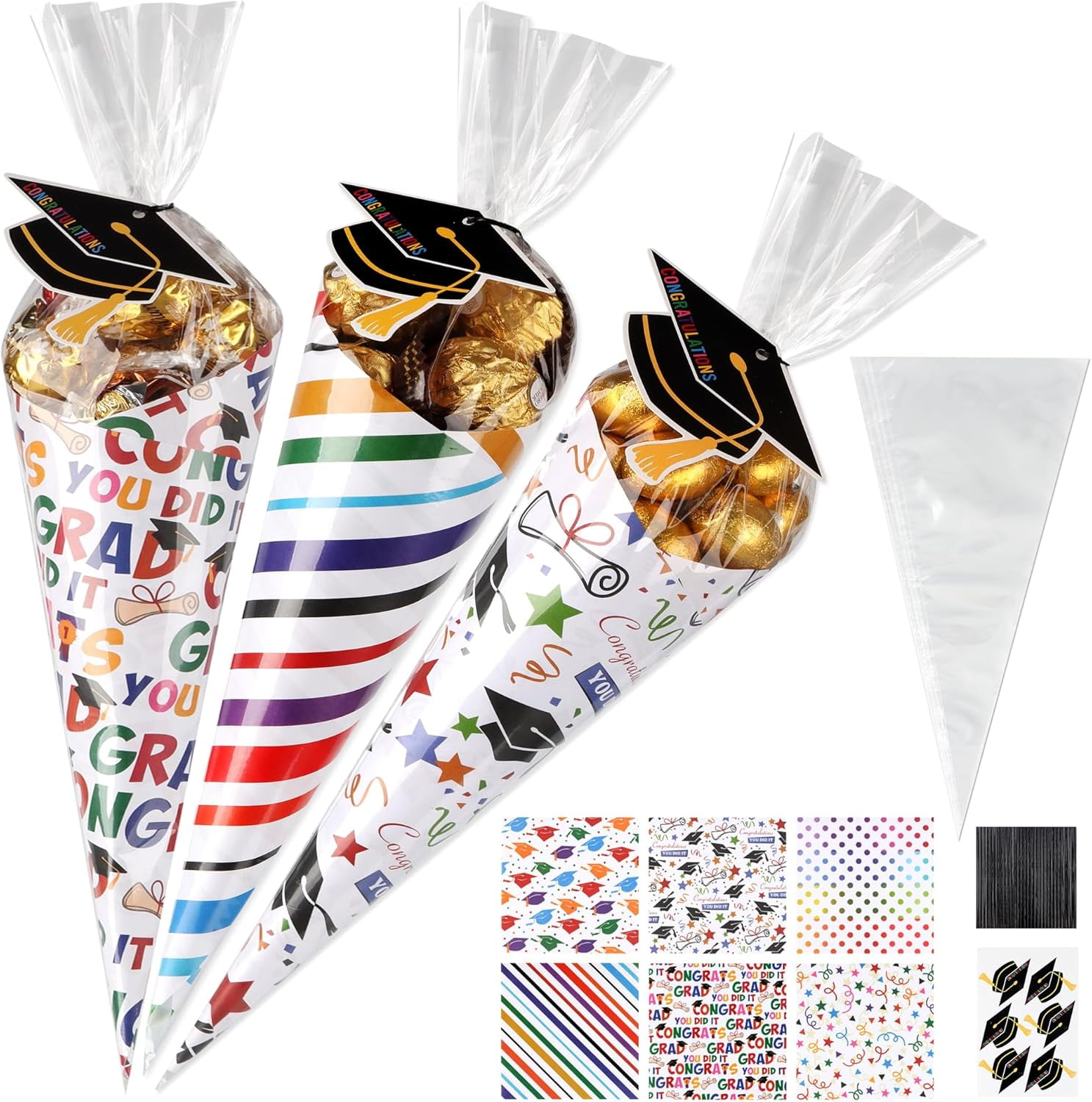 Graduation Candy Treat Bags- 60 Pack Graduation Transparent Cone-shaped ...