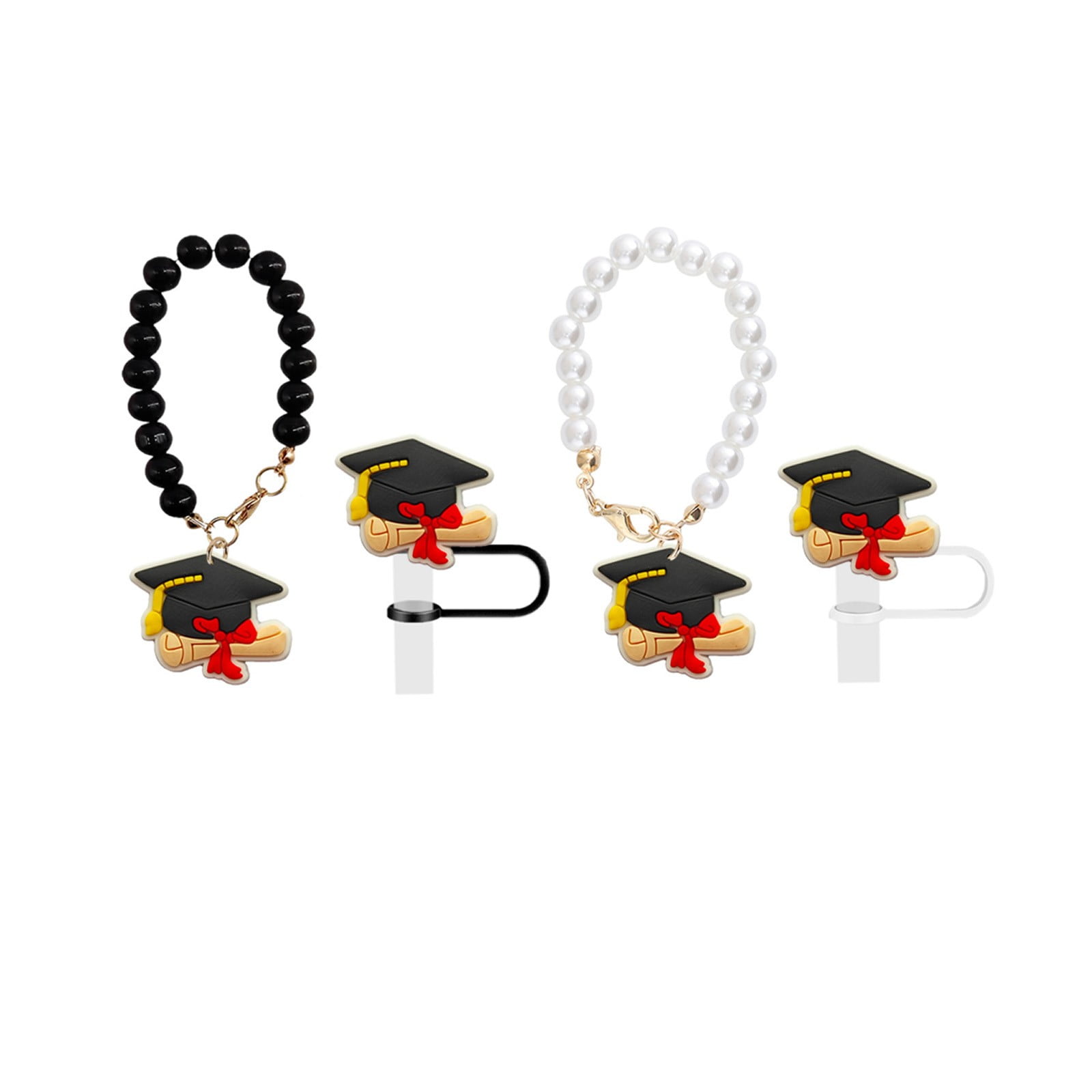 Graduation Cap Charm Bracelet Set Black and White Beaded Bracelets with ...
