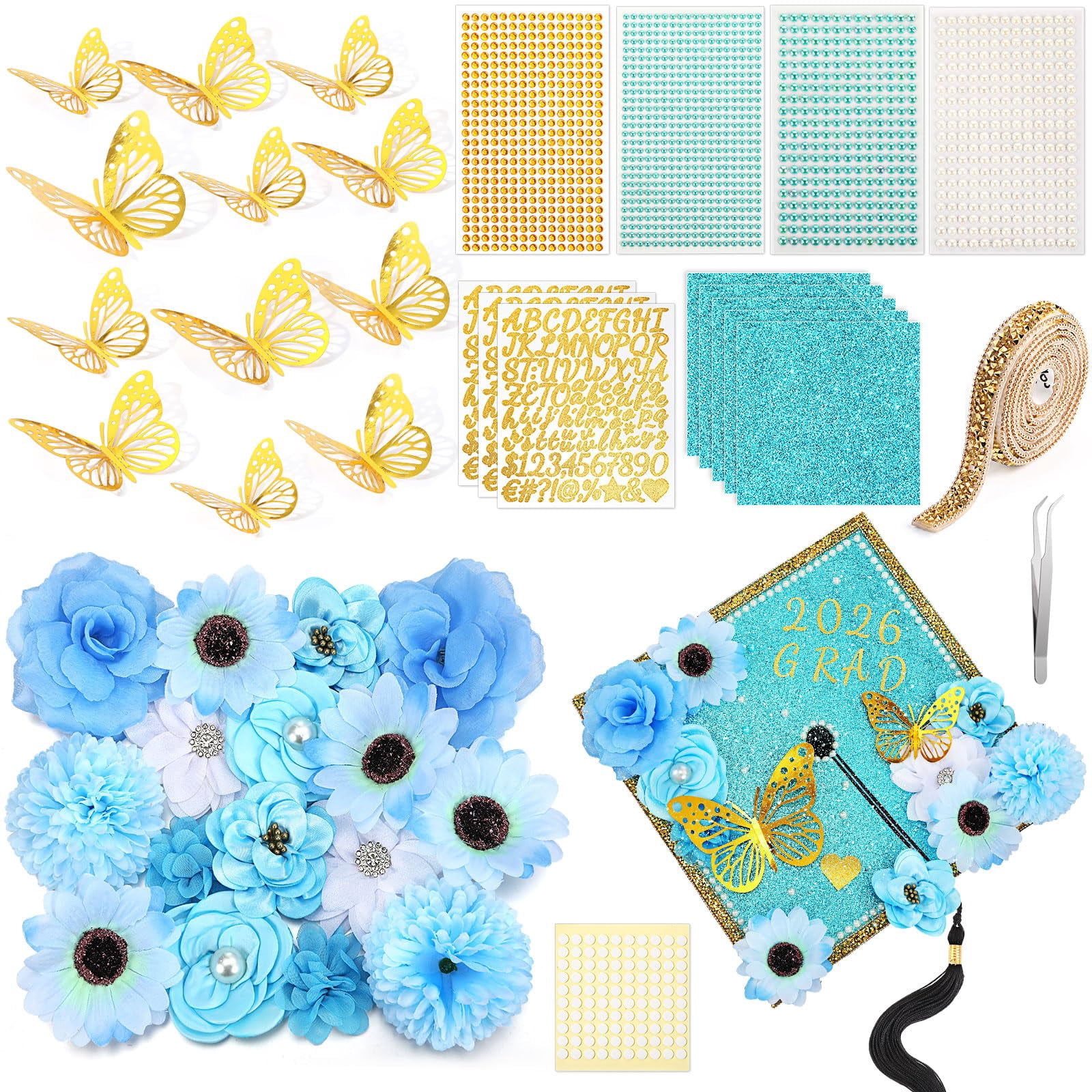 Graduation Cap Decoration Kit Light Blue DIY Craft Stickers for 2026 ...