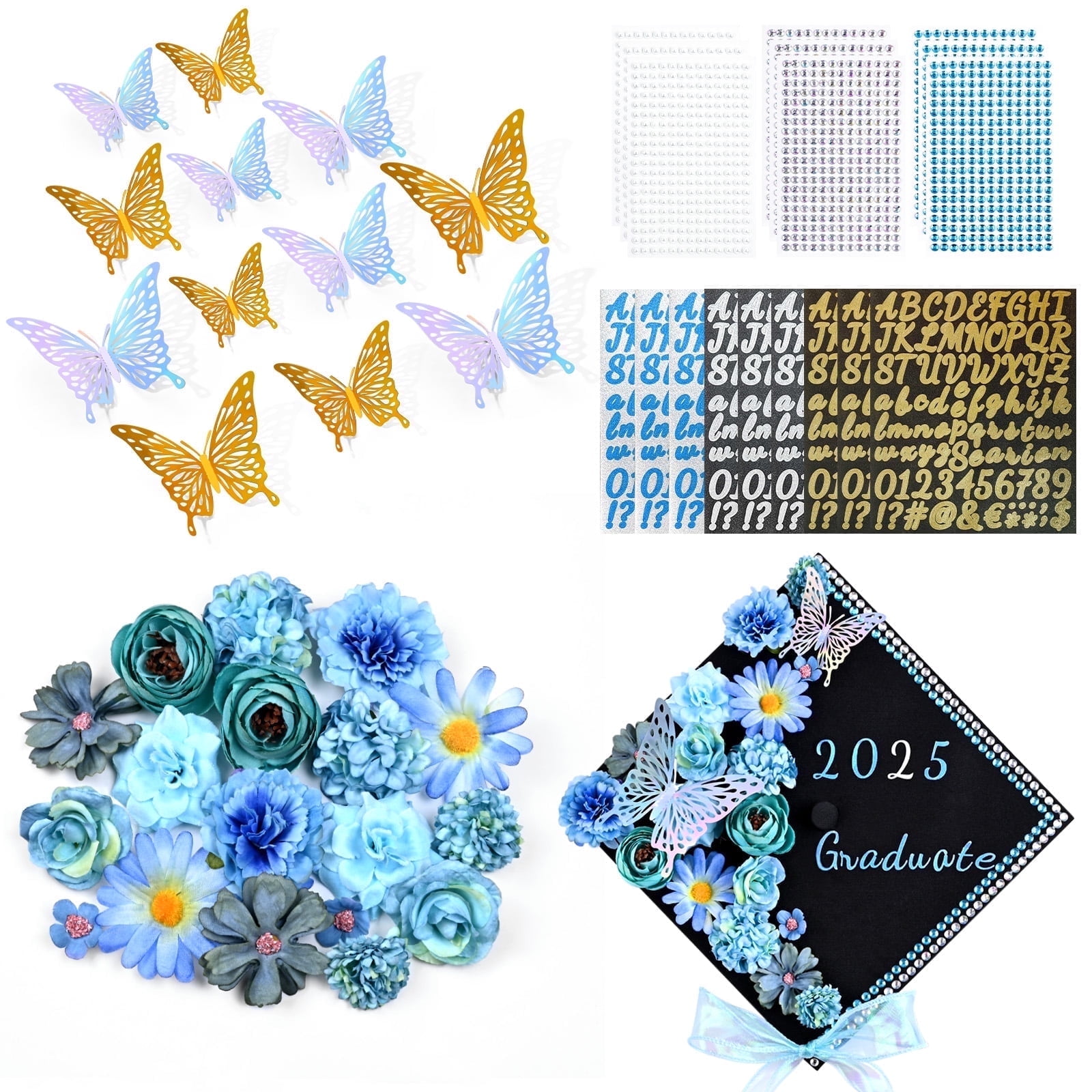 DAZLUTE 2025 Graduation Cap Decoration Kit, DIY Flowers, 3D Butterfly ...