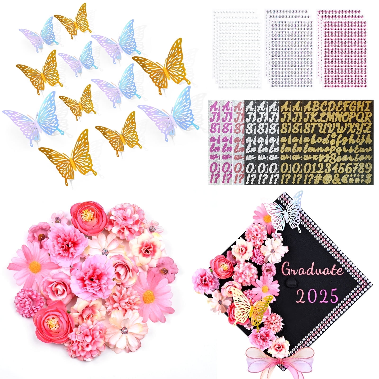 DAZLUTE Graduation Cap Decoration Kit, DIY Flowers, 3D Butterflies ...