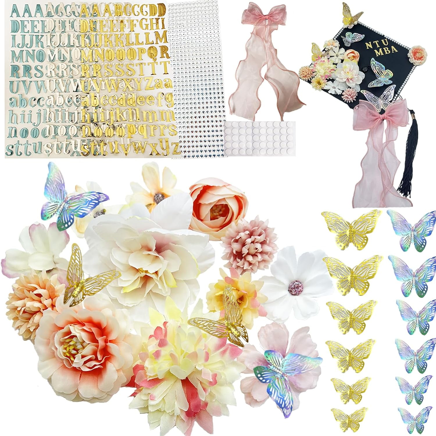 Graduation Cap Decorations Kits- Faux Flower Heads 3D Butterfly ...