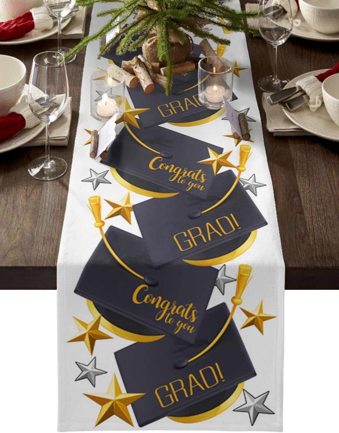 Graduation Cap Linen Table Runners Traditional American Star Gold ...