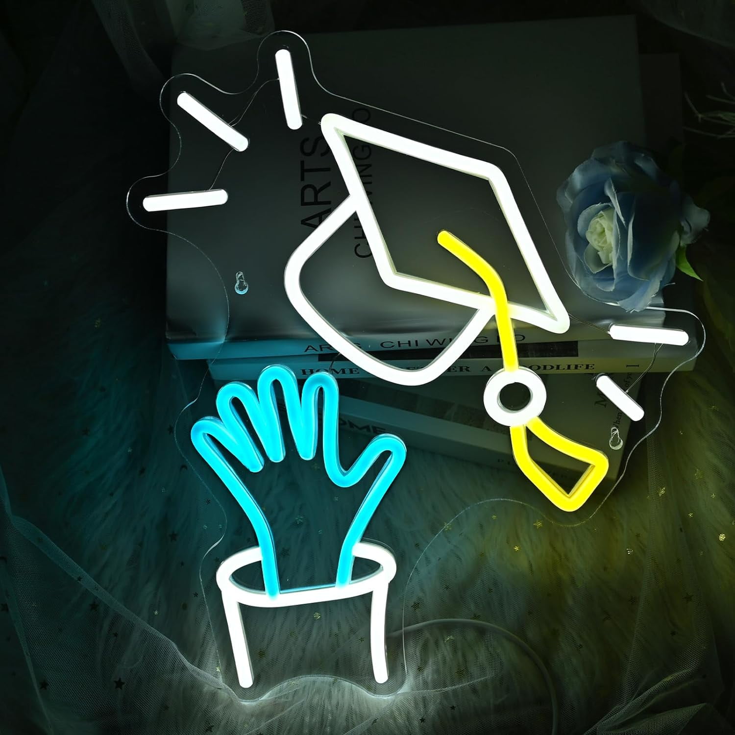 Graduation Cap Neon Sign, Ice Blue Gold Congrats Grad Light Up Sign for ...