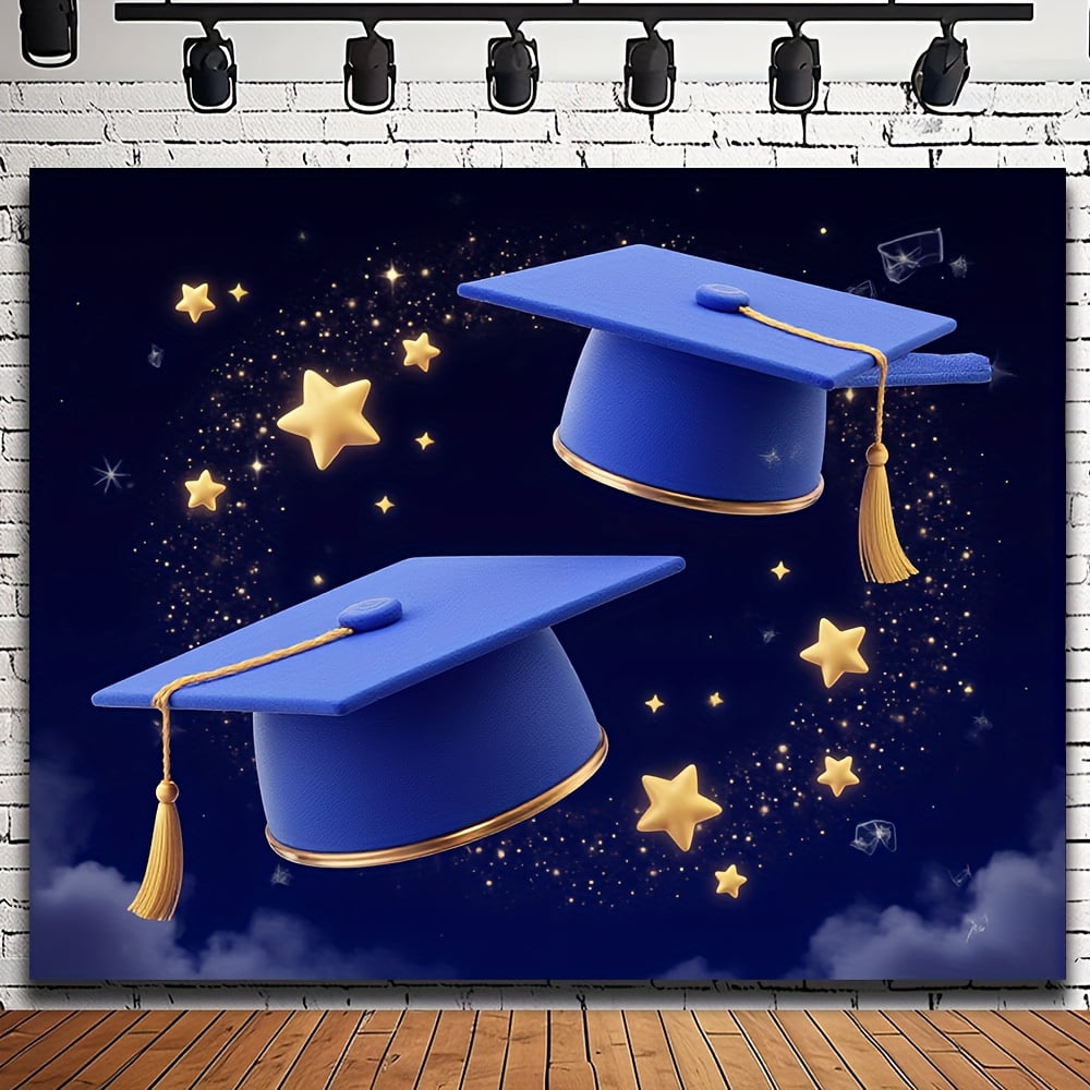 Graduation Cap Party Banner - Design with Golden Stars & Sparkles, Navy ...