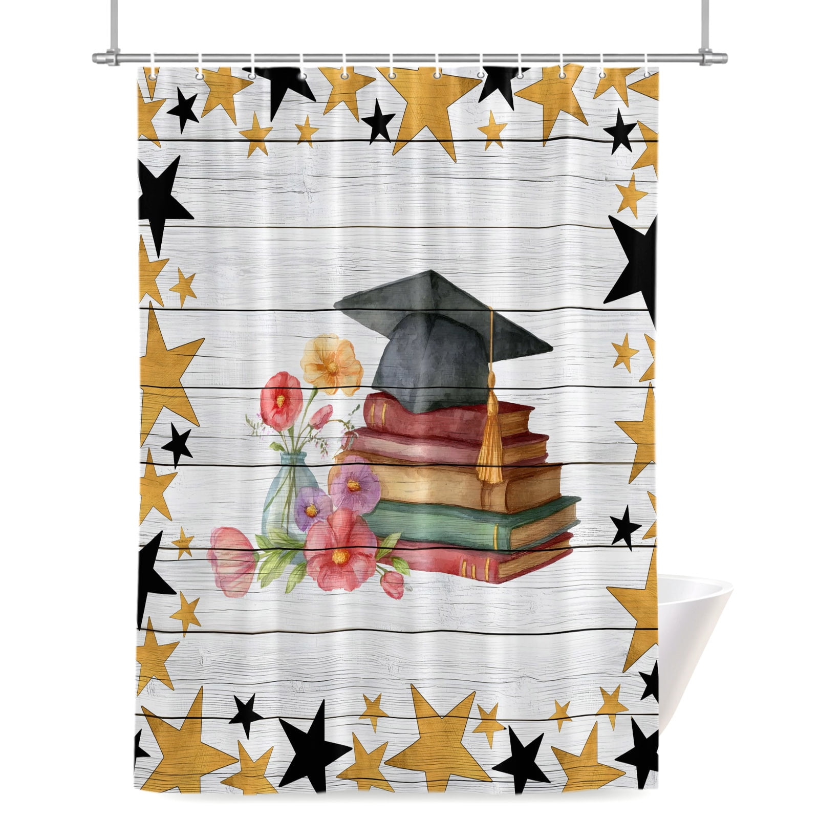Graduation Cap Shower Curtains for Bathroom, Watercolor Red Flower Gold ...