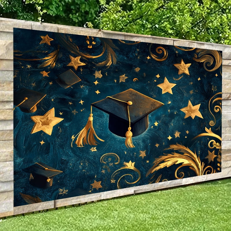 Graduation Cap & Stars Polyester Party Banner - Vibrant Golden & Blue ...