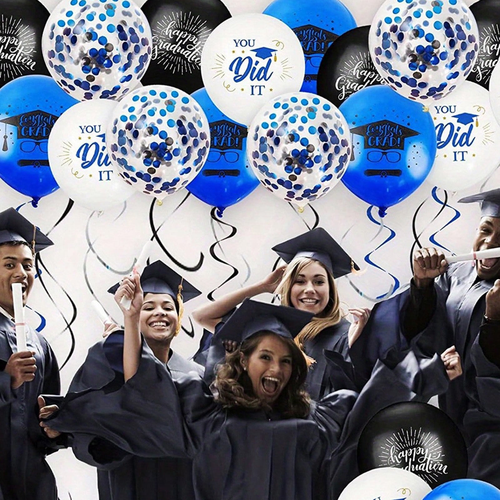 Graduation Celebration Balloons Set, 20 Pack Blue, Black, White, and ...