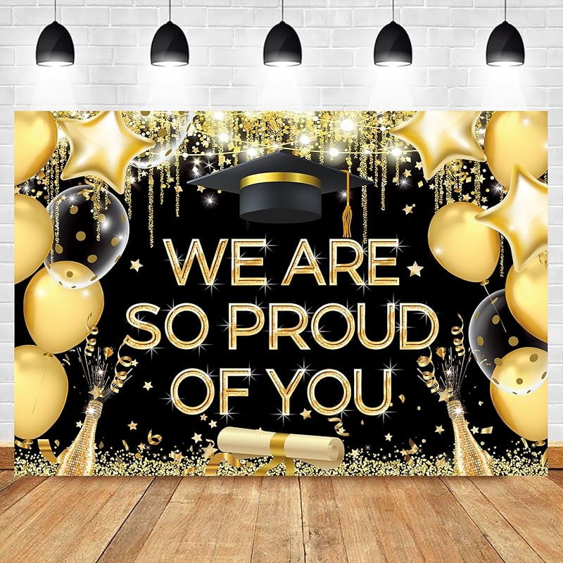 Graduation Class Backdrop Congrats Grad Black Gold Bachelor Cap Balloon ...
