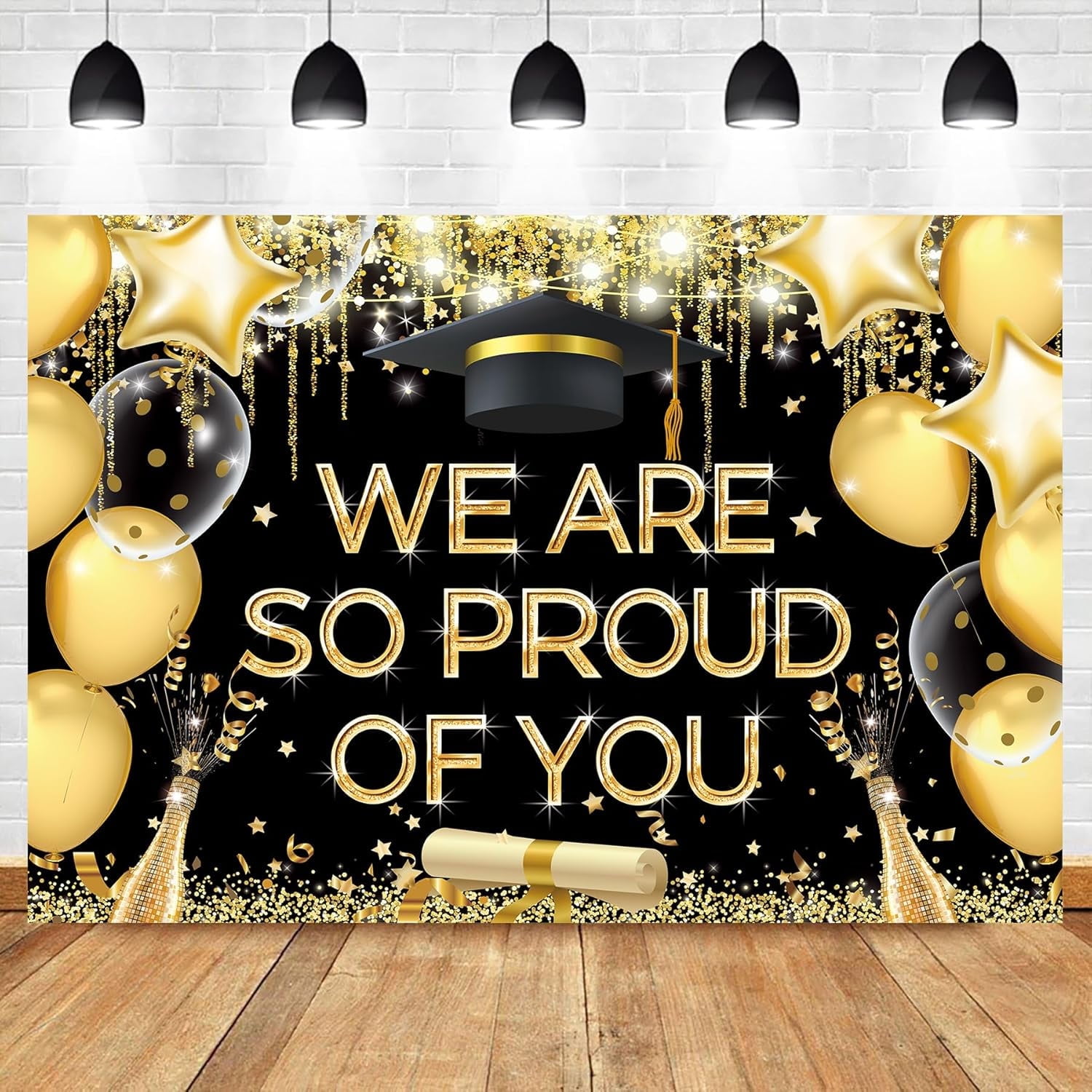 Graduation Class Backdrop Polyester Fabric Congrats Grad Black Gold ...