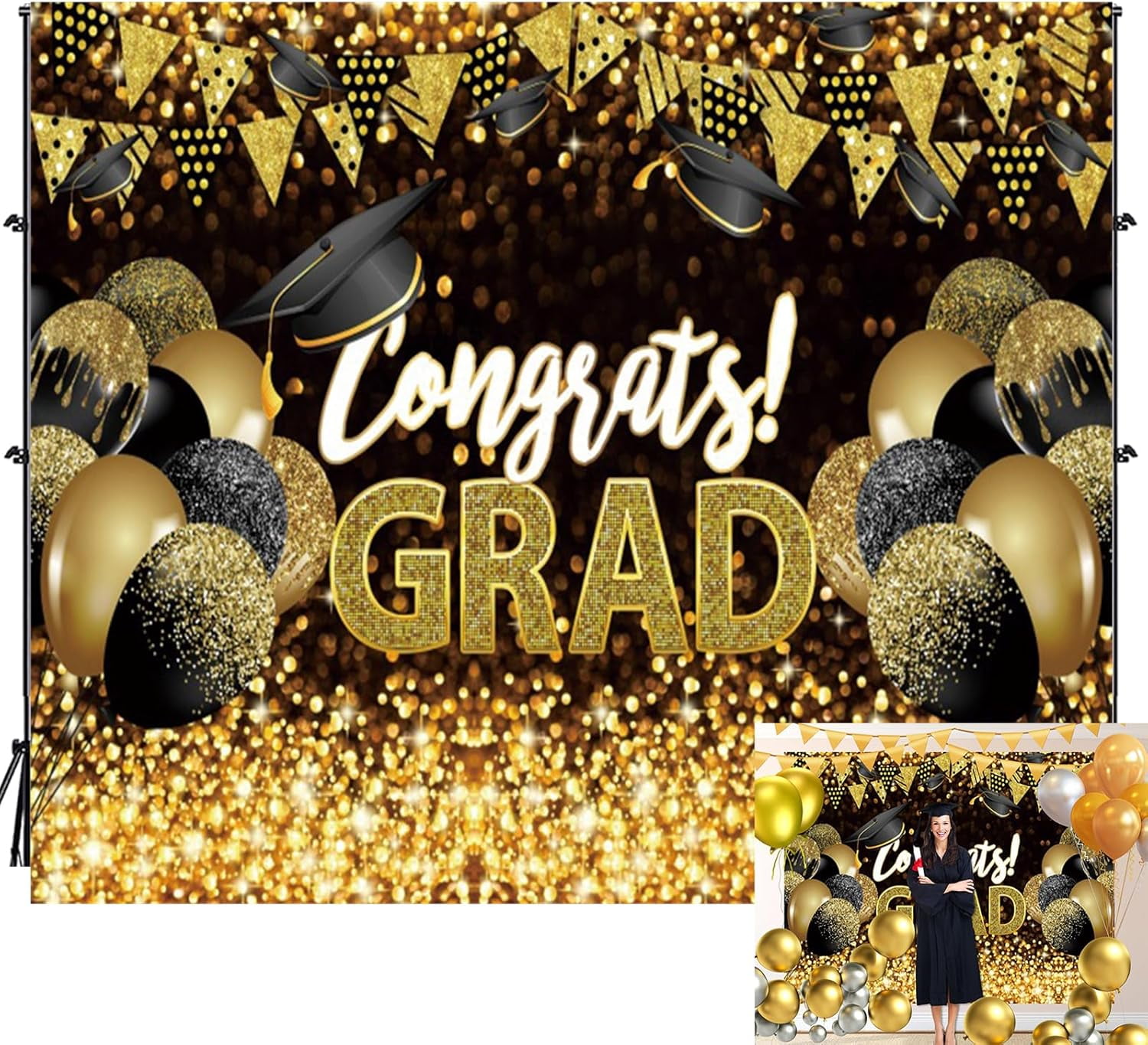 Graduation Congrats Grad Backdrops Black Gold Glitter Balloon ...