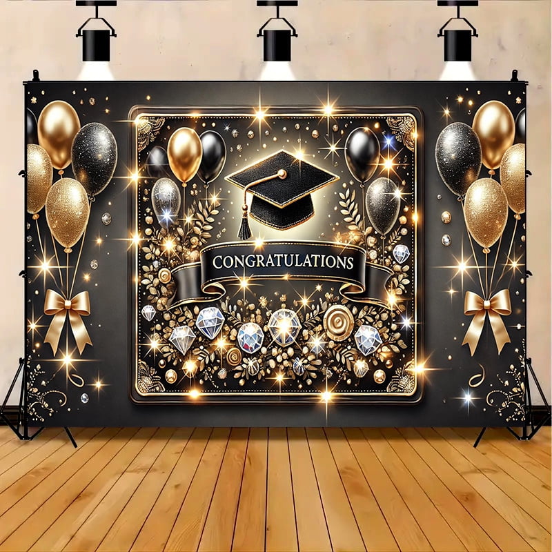 Graduation Congratulations Backdrop Black Golden Sparkling Congrats ...
