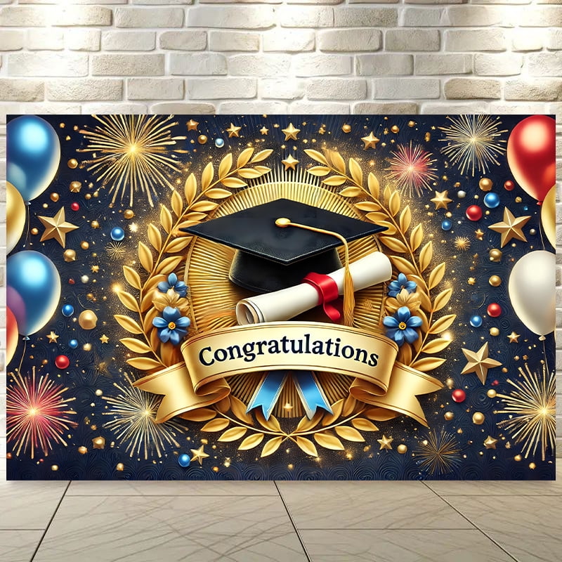 Graduation Congratulations Banner Colorful Balloons and Fireworks Grad ...