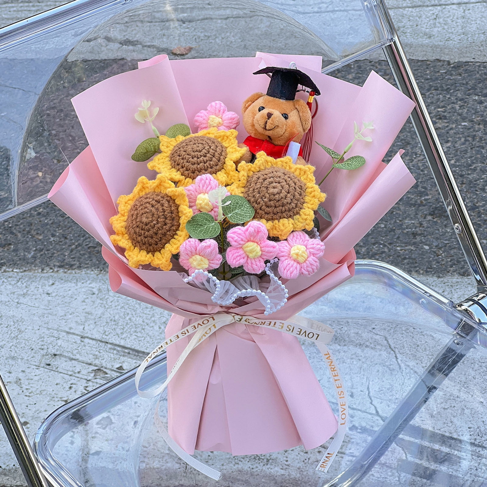 Graduation Crochet Flower Bouquet Includes Bear Knitted Sunflower Daisy ...