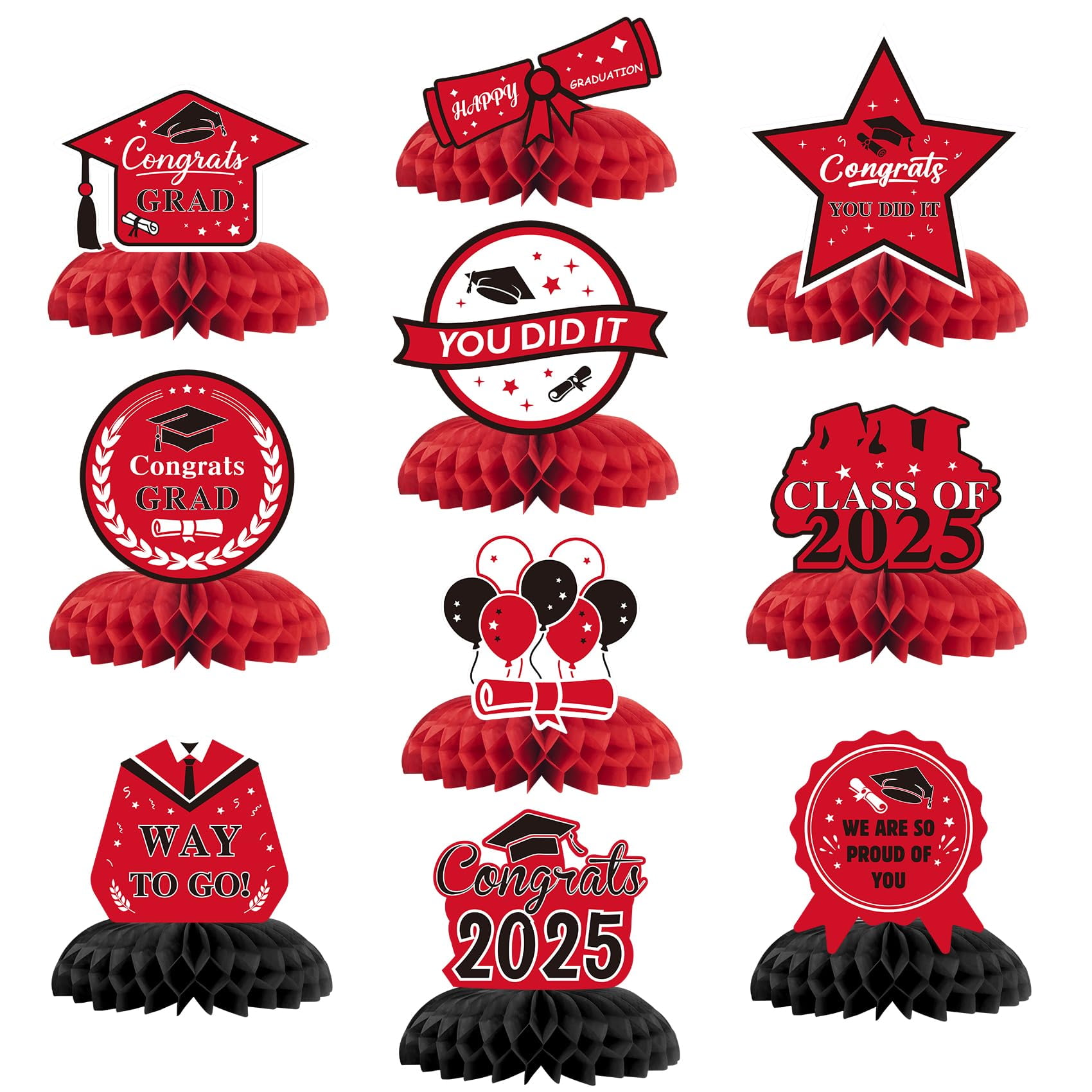 Graduation Decorations 2025, 10 PCS Red and White Graduation Honeycomb ...