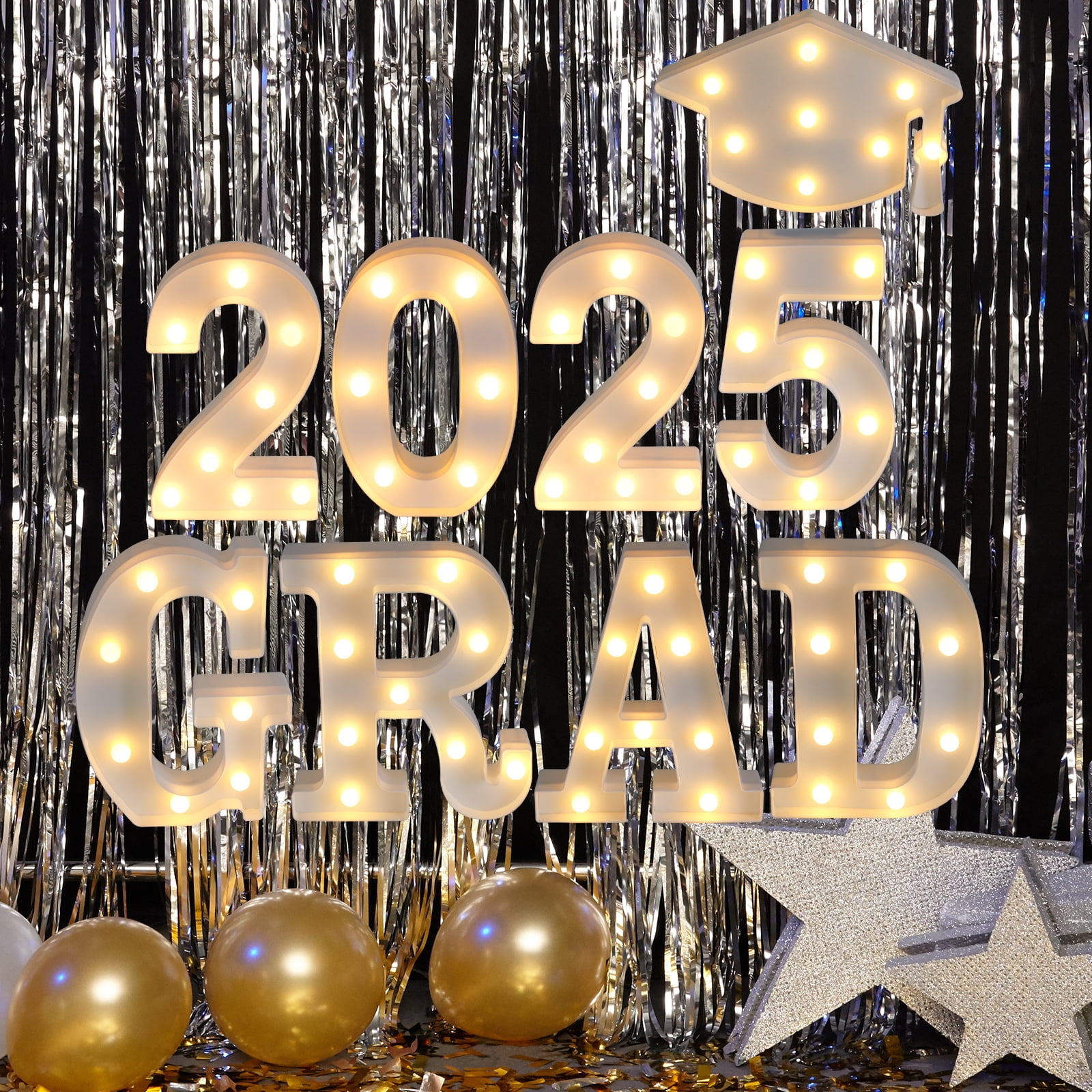 Graduation Decorations 2025, 2 LED Long Marquee Light Up Letters 'GRAD' and '2025' & Grad Cap ...
