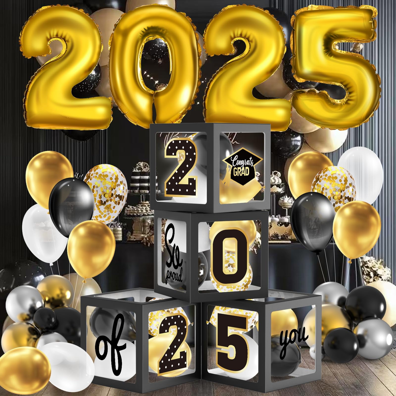 Graduation Decorations 2025 Black SSF20 Gold Balloons Boxes with ...