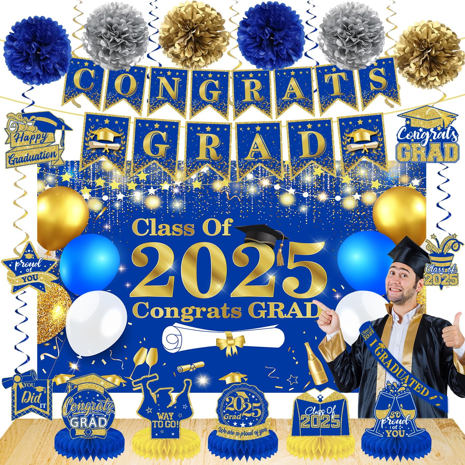 Graduation Decorations 2025, Blue DHF10 Gold Themed Graduation Party ...