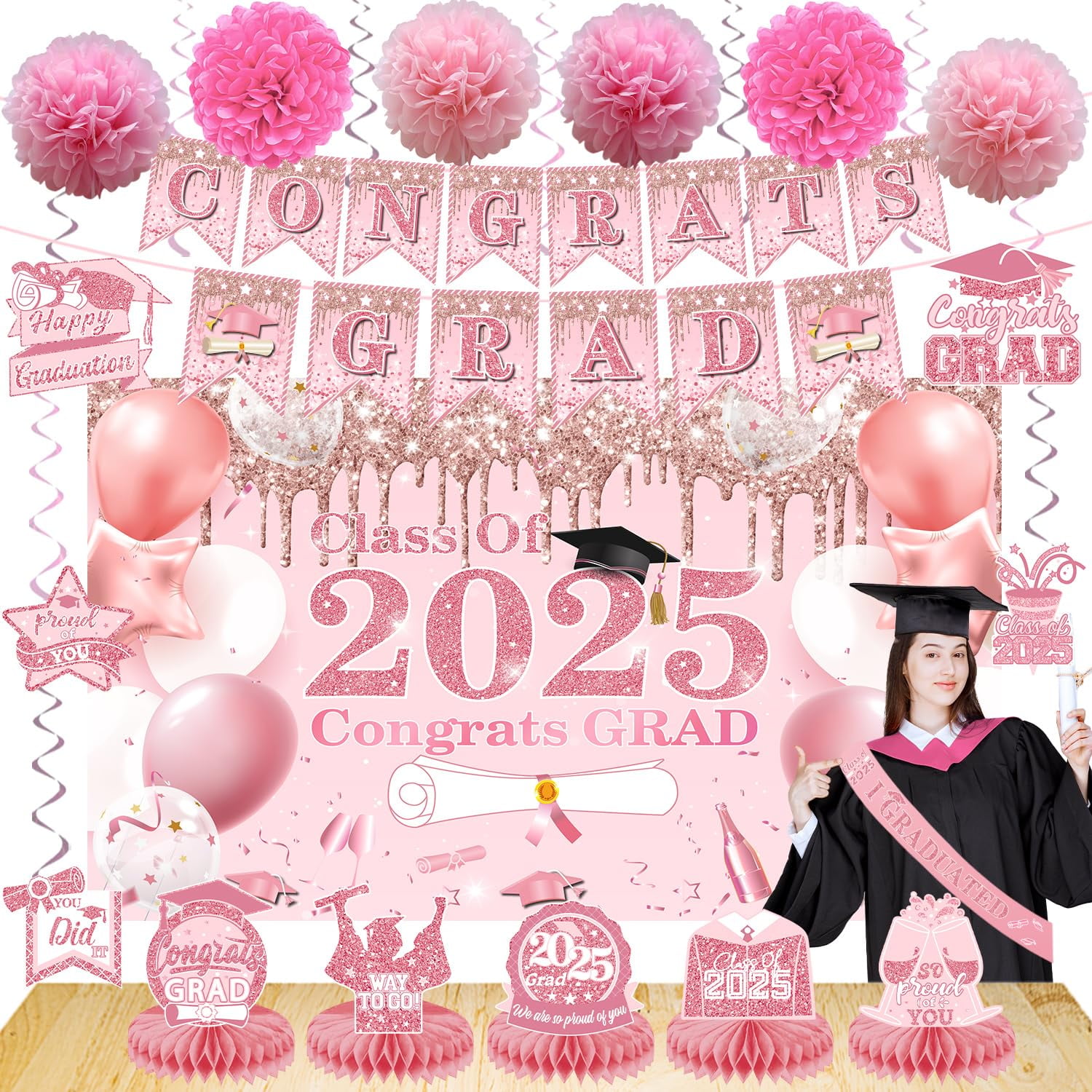 Graduation Decorations 2025, Glitter SSF20 Pink Themed Graduation Party ...
