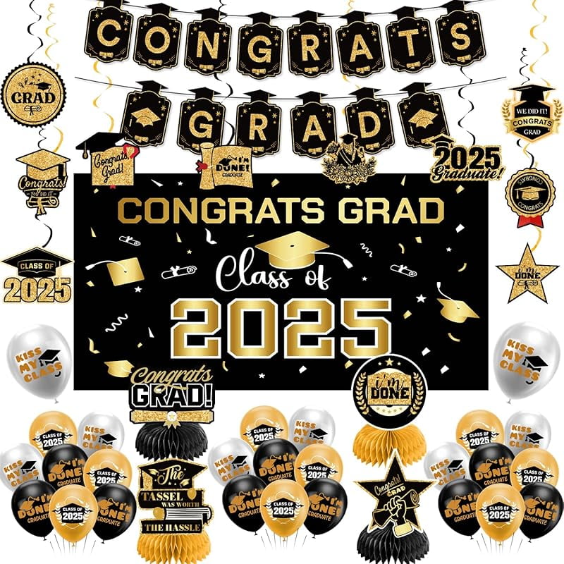 Graduation Decorations 2025 Gold Themed Set - Congrats Grad Banner ...