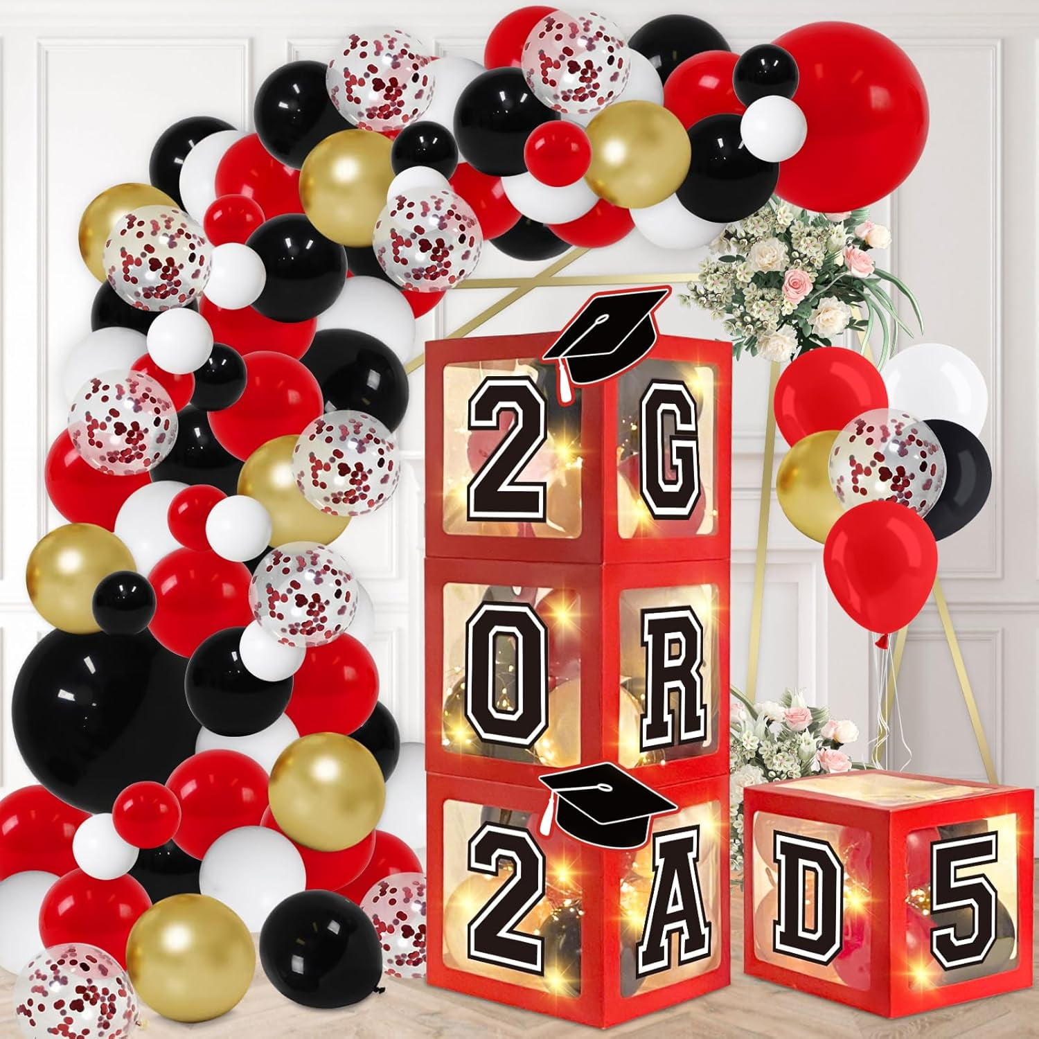 Graduation Decorations 2025, Set of 4 Red Graduation Balloon Boxes with ...