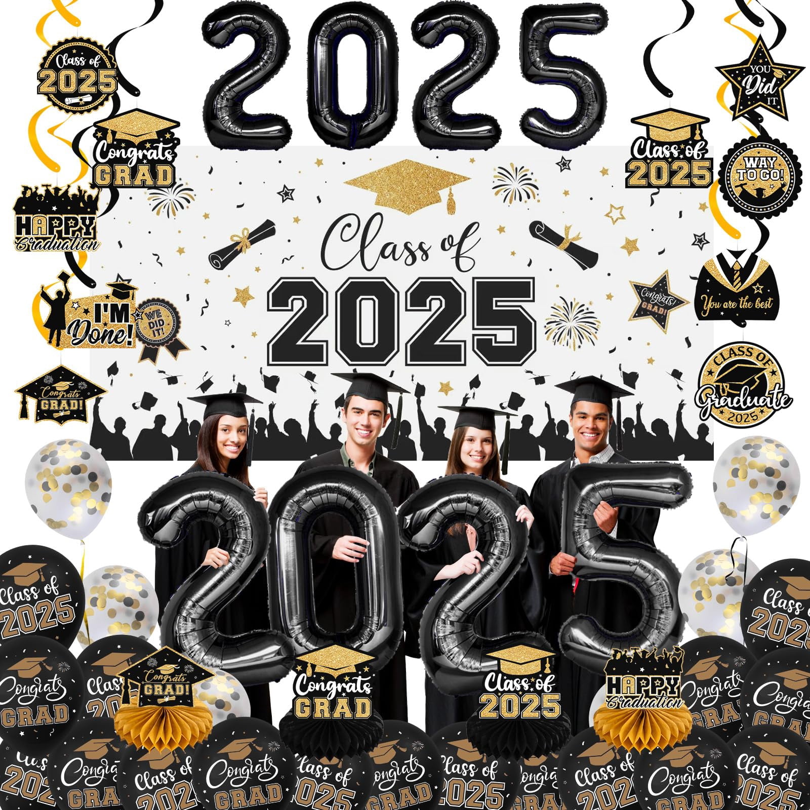 Graduation Decorations 2025 Set RRF12 - Black Gold Themed Grad Party ...