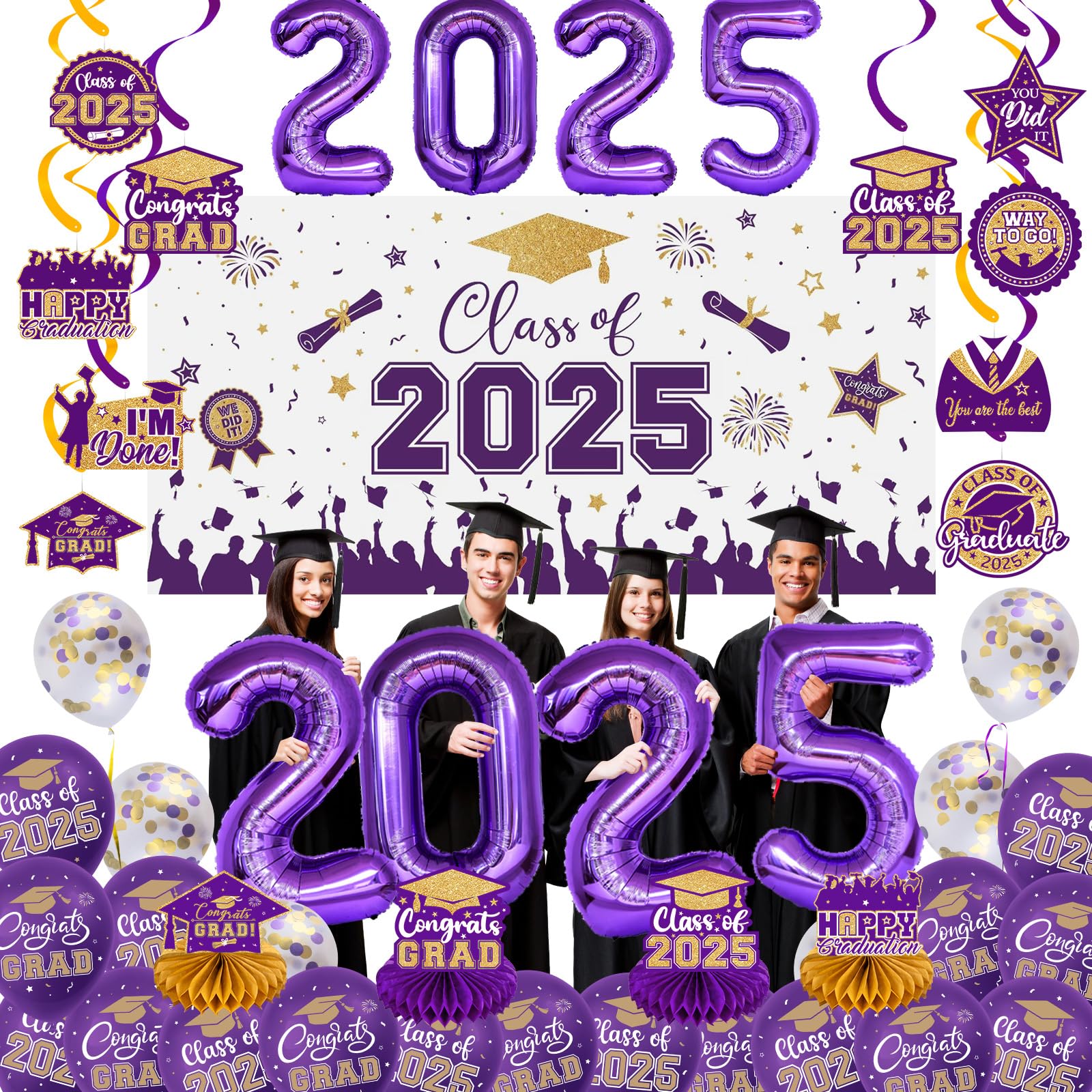 Graduation Decorations 2025 Set RRF12 - Purple Gold Themed Grad Party ...