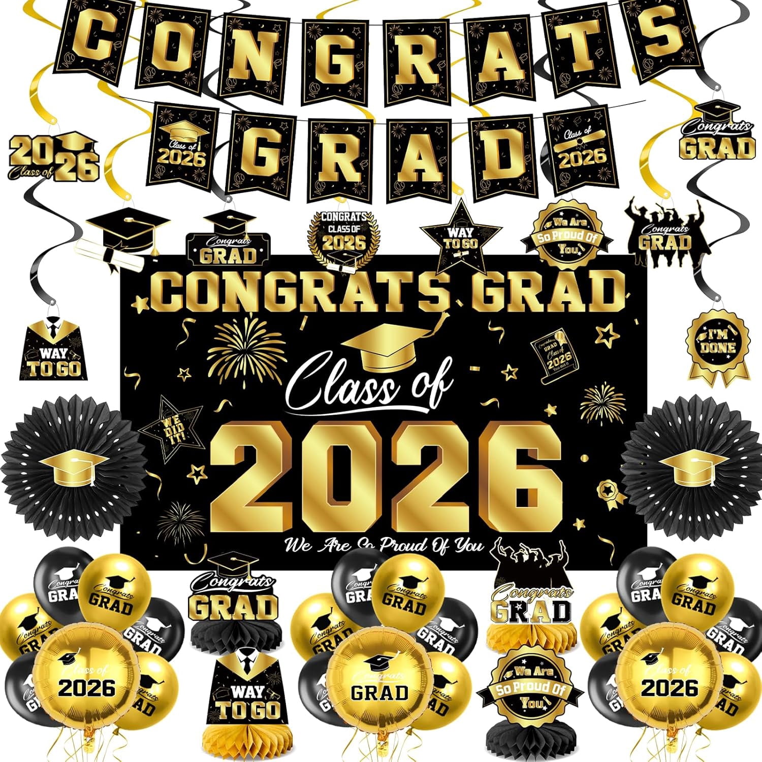 Graduation Decorations 2026-Black and Gold Party Supplies Class of 2026 ...