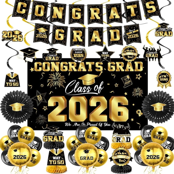 Graduation Decorations 2026-Black and Gold Party Supplies Class of 2026 ...