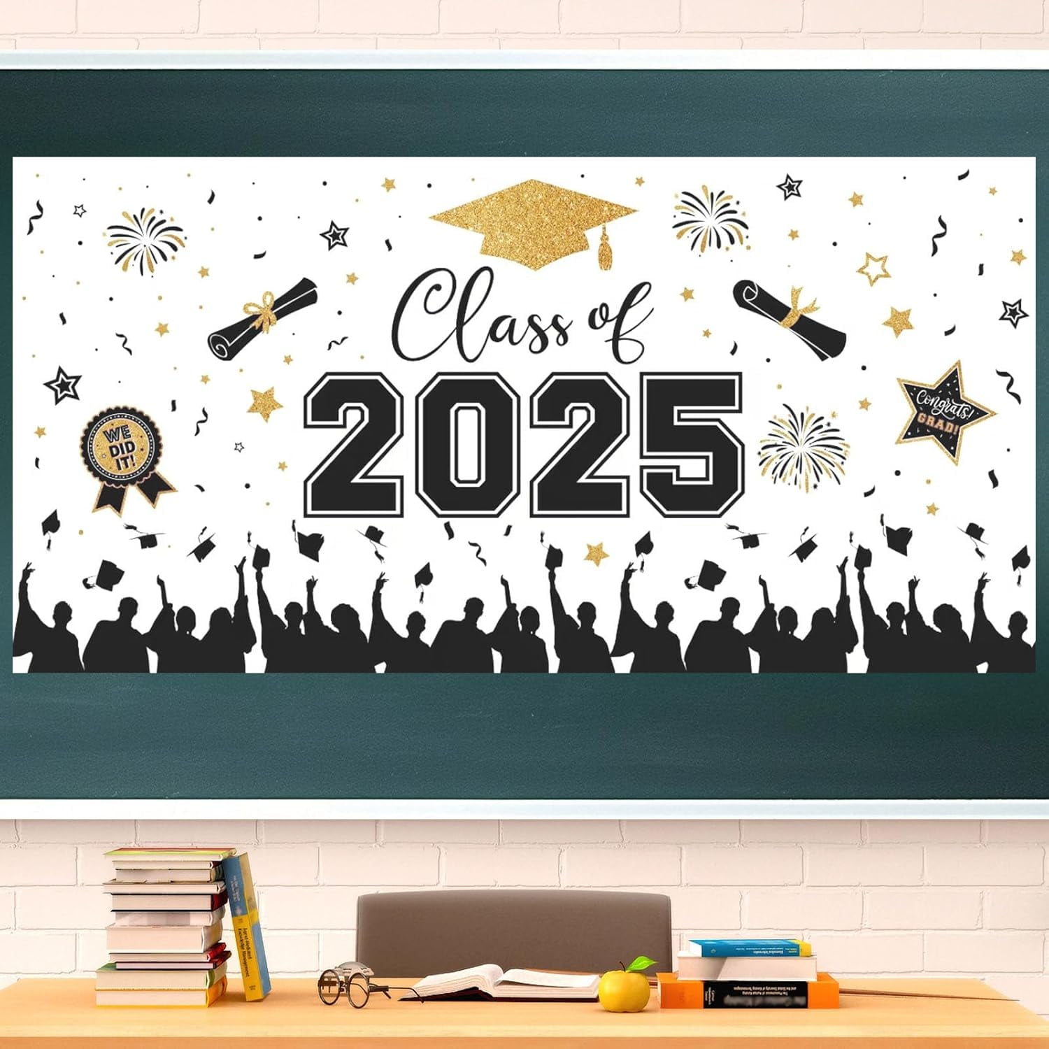 Graduation Decorations Black Gold Congrats Grad Backdrop Banner Large ...