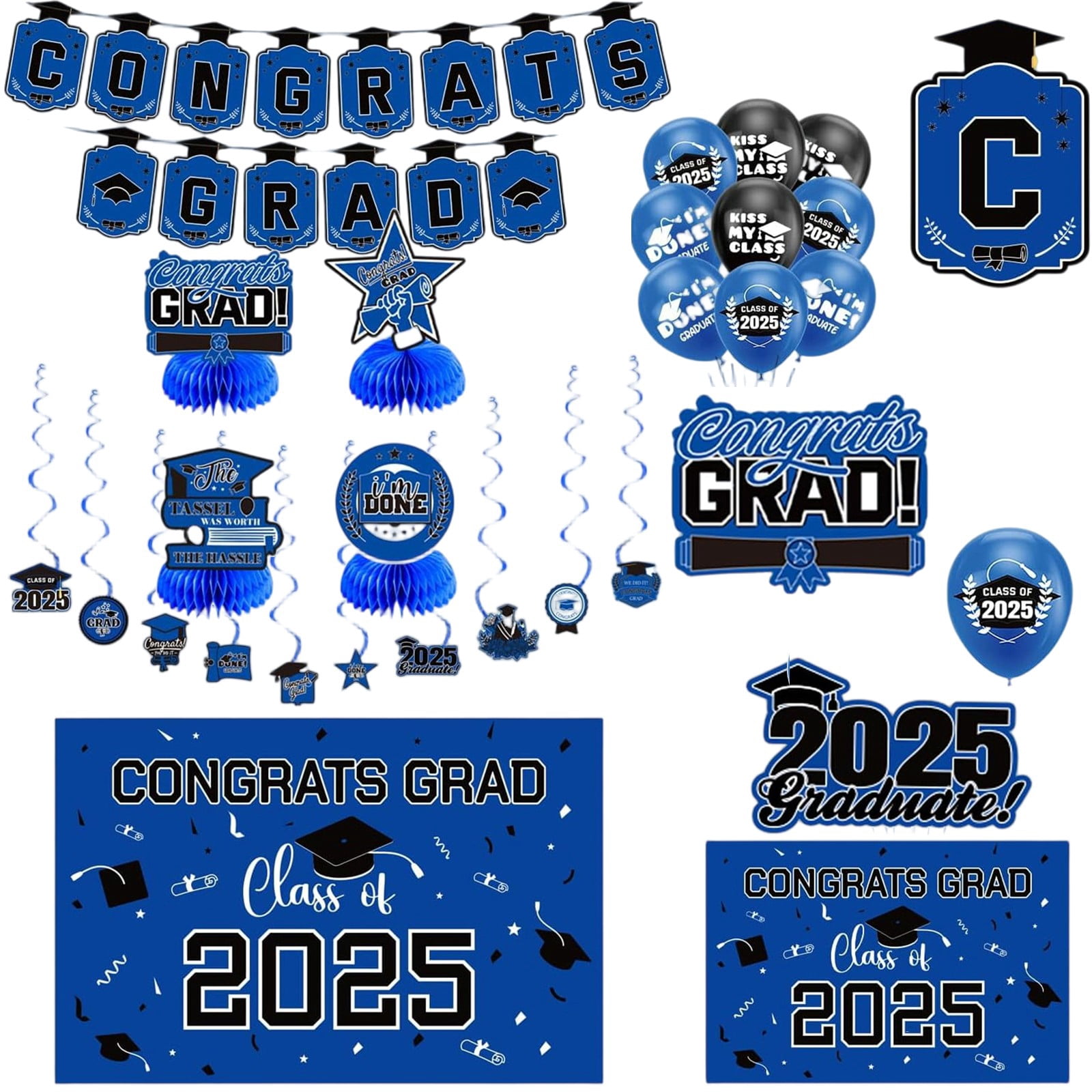 Graduation Decorations Blue Themed Set - Congrats Grad Banner, Class Of ...