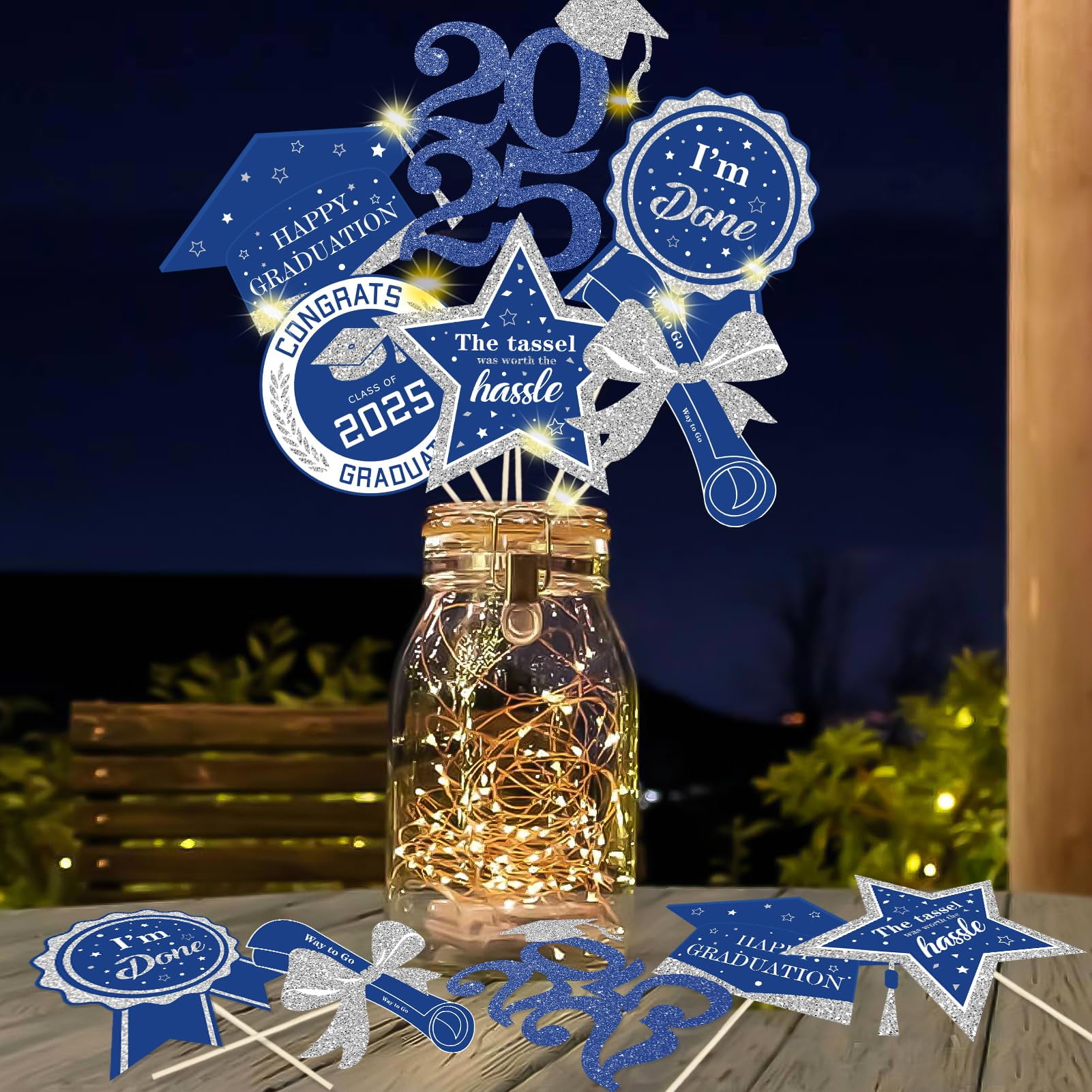 Graduation Decorations for Class of 2025-30pcs Glitter Blue Silver Graduation Table Centerpieces ...