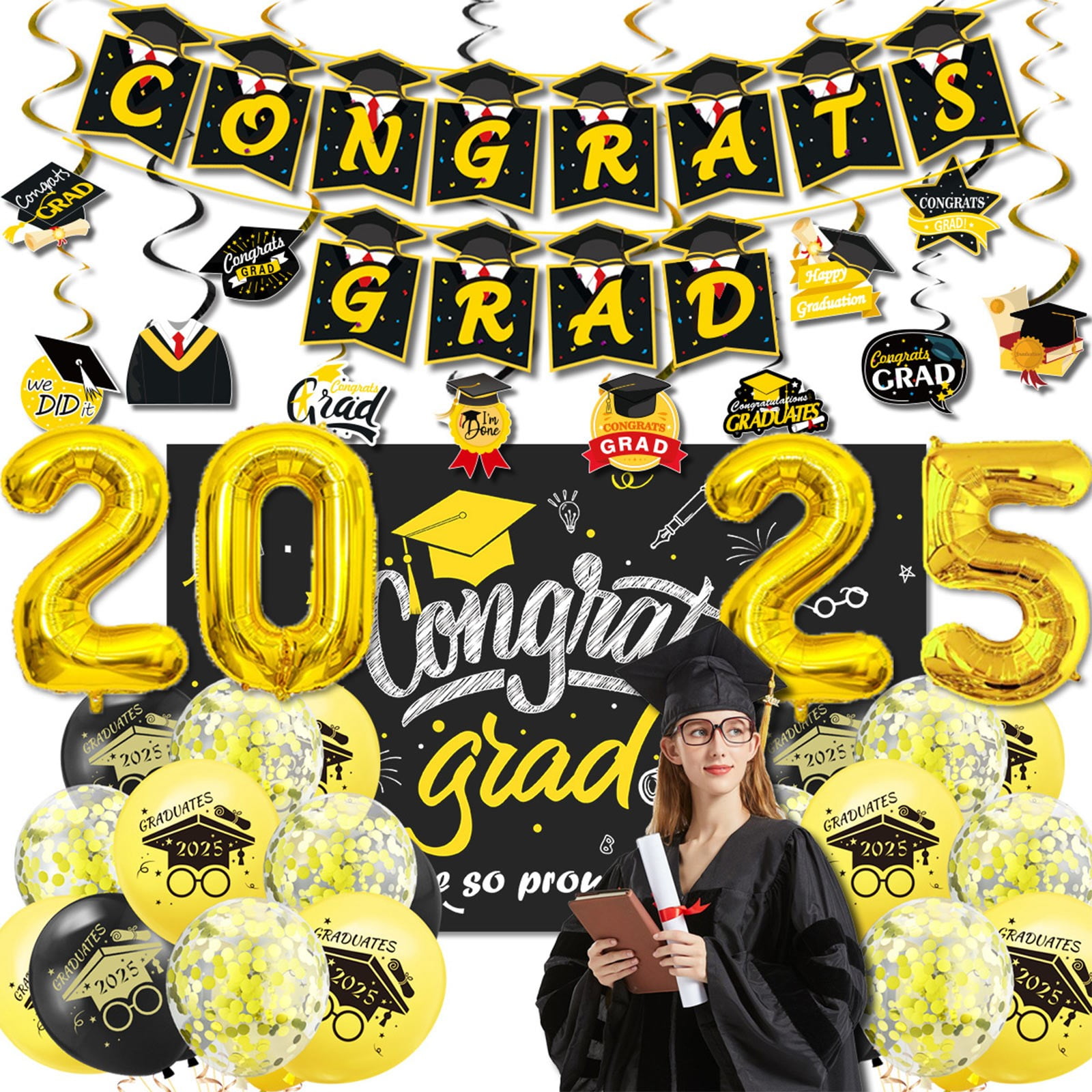 Graduation Decorations Class of 2025, Black and Gold Graduation Party ...