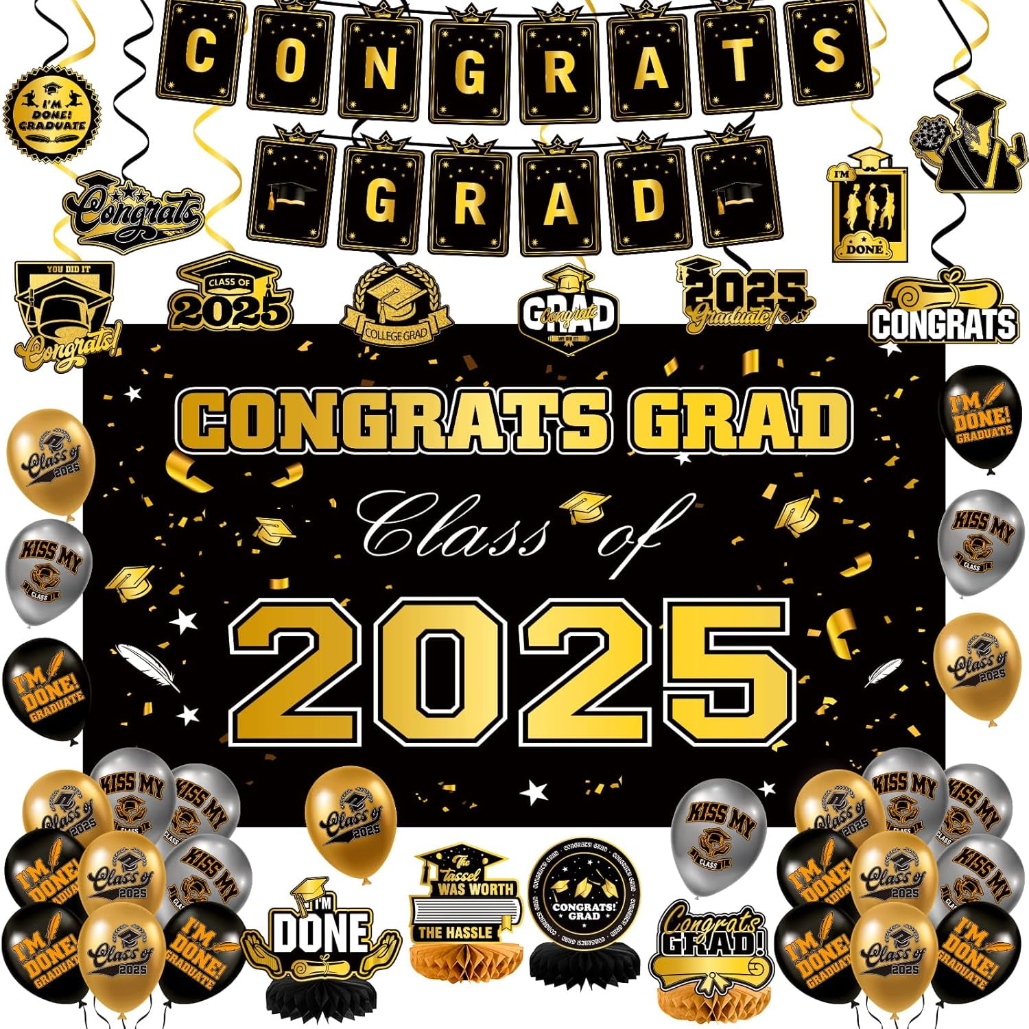 Graduation Decorations Class of 2025, Black and Gold Graduation Party ...
