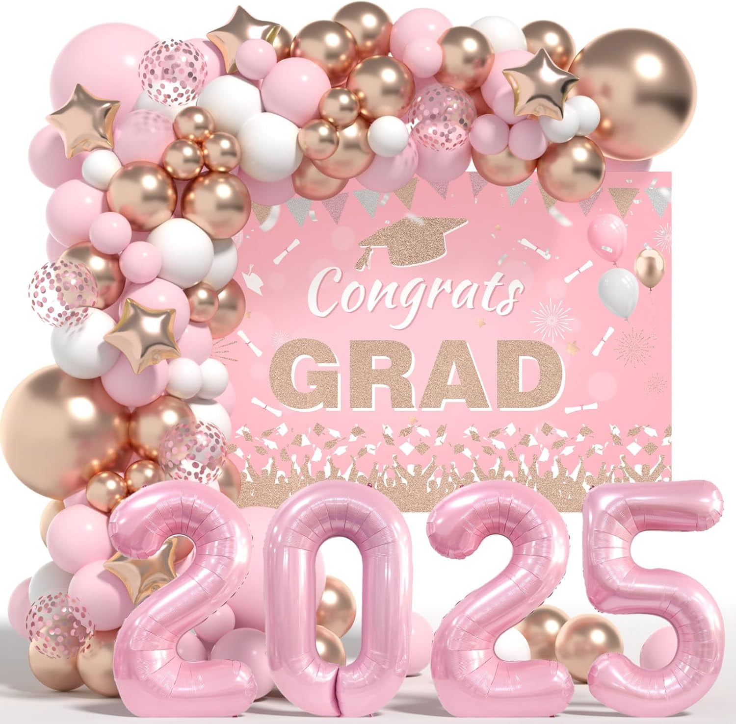 Graduation Decorations Class of 2025: Pink and Gold Graduation Balloons ...