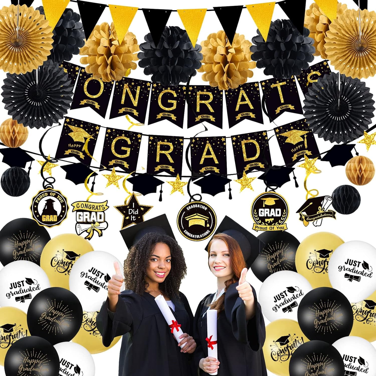 Graduation Decorations Class, 74pcs Black & Gold Graduation Party ...