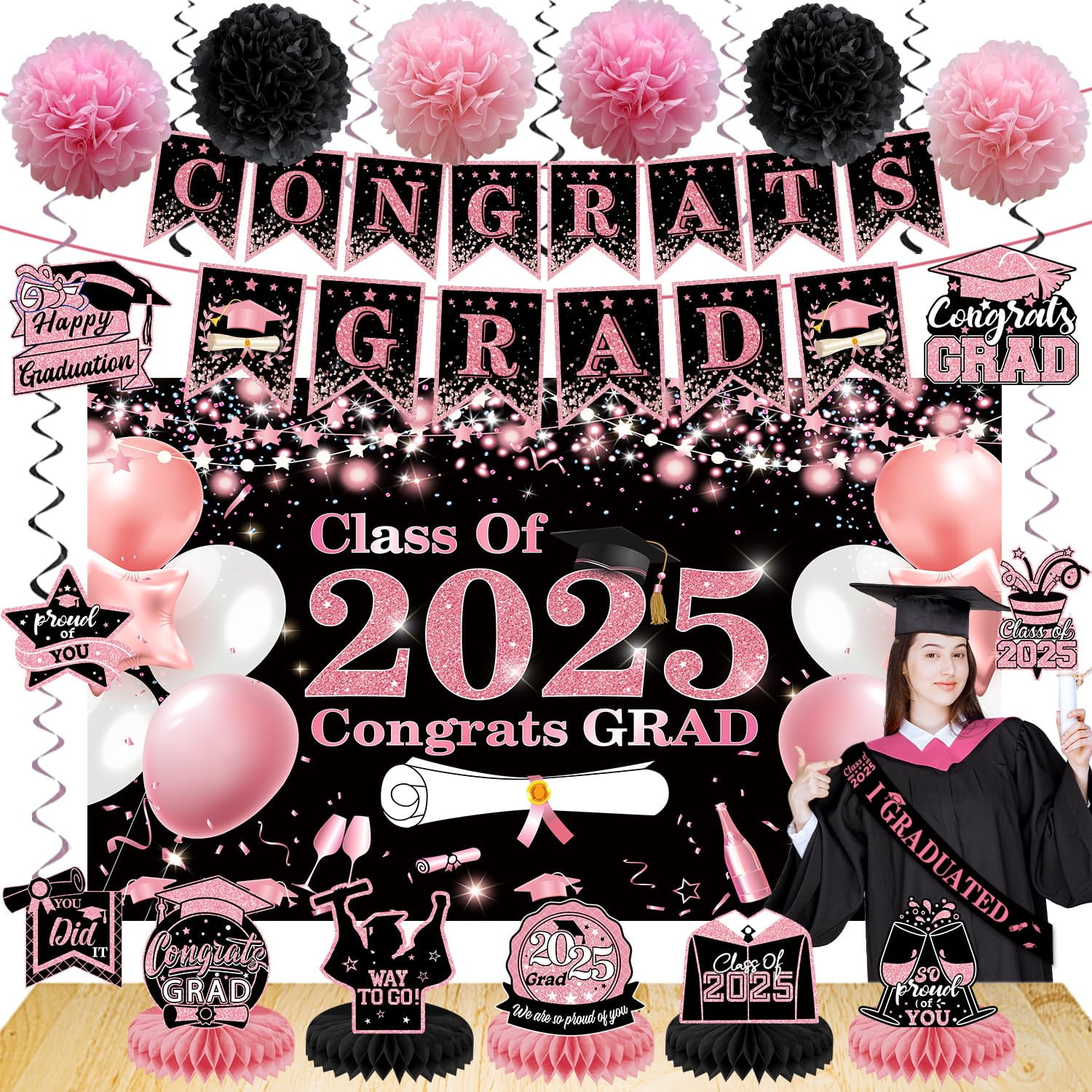 Graduation Decorations Class AJH3 of 2025, Black Pink Themed Graduation ...