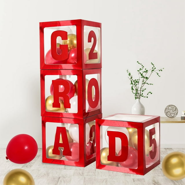 Graduation Decorations Class of IFF17 2025,4pcs 2025 Graduation Party Red Balloon Boxes with ...