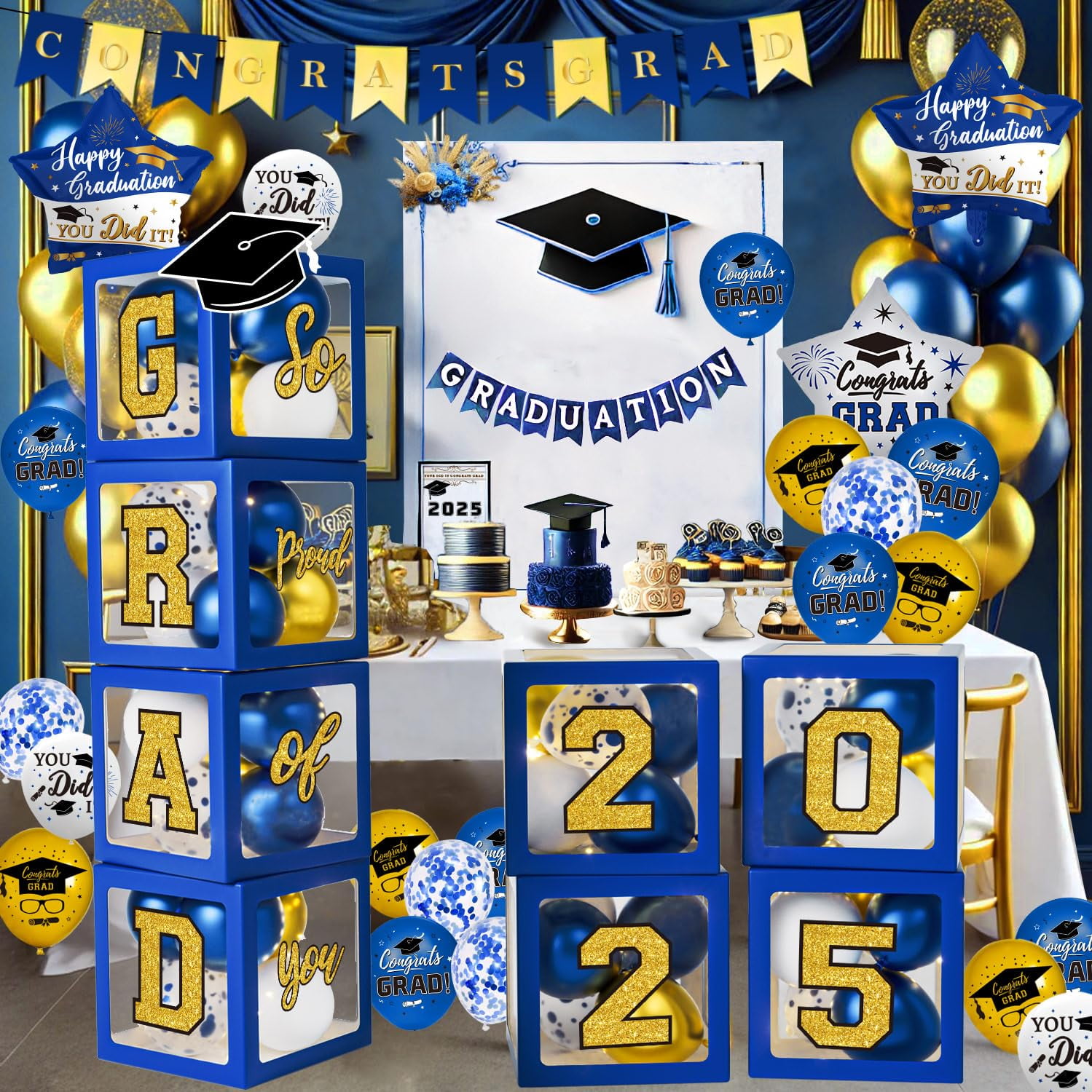 Graduation Decorations Class of IFF17 2025 - Blue and Gold Balloons Boxes with Letters 2025 GRAD ...