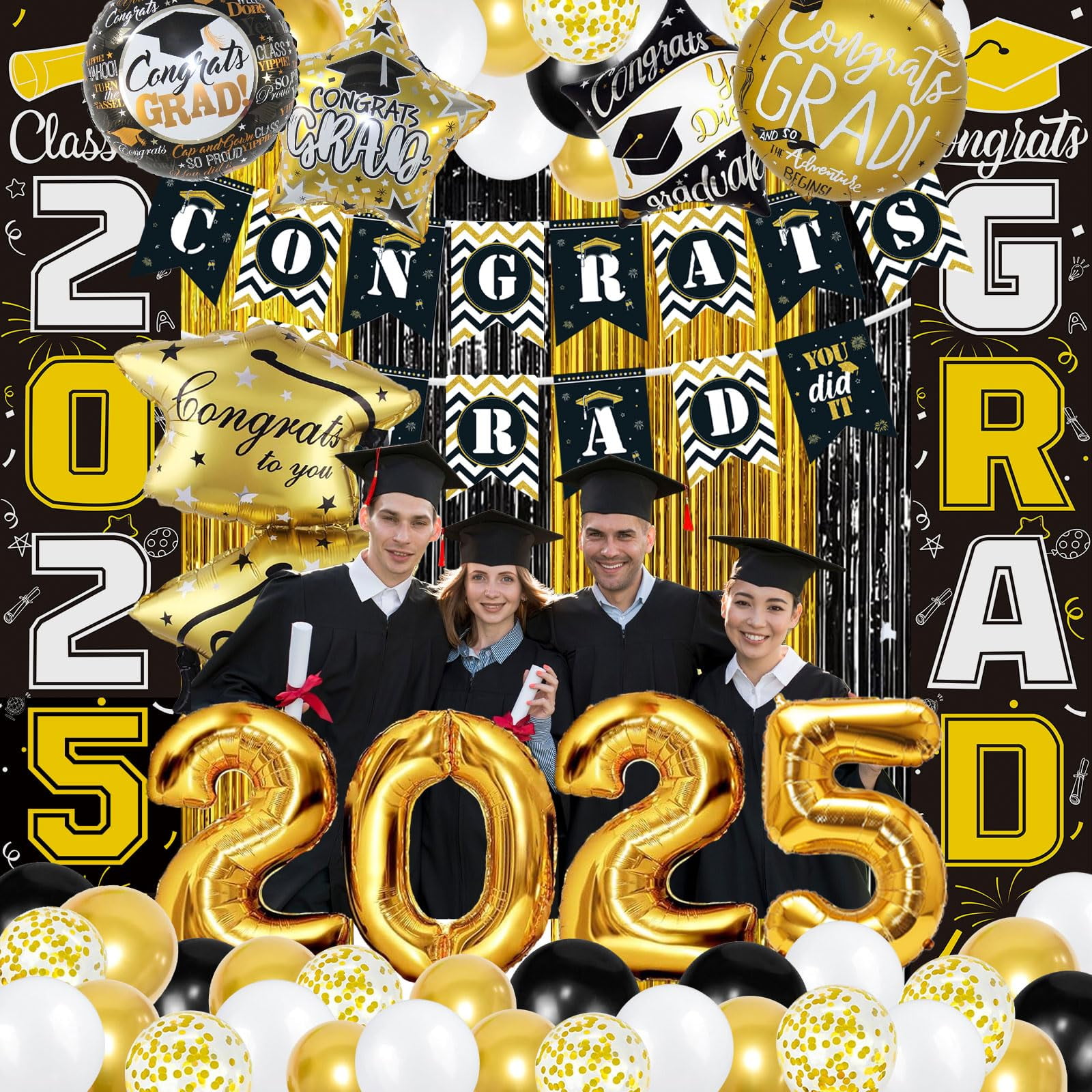 Graduation Decorations Class of RRF12 2025, 58 PCS Black and Gold ...