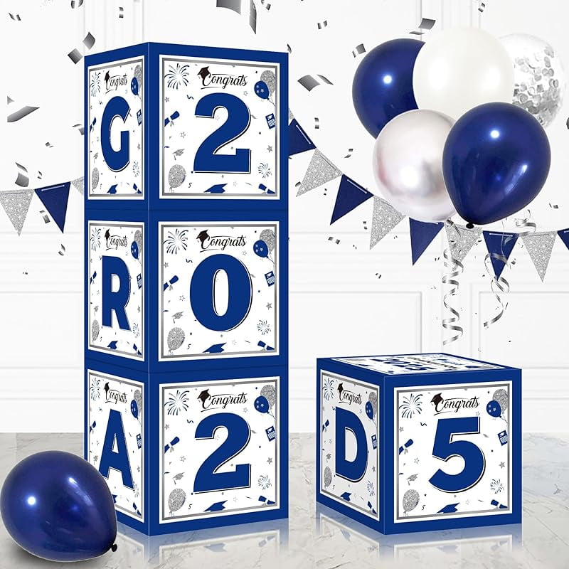 Graduation Decorations Class of 2025, 4 Pcs Blue and Silve Balloon ...