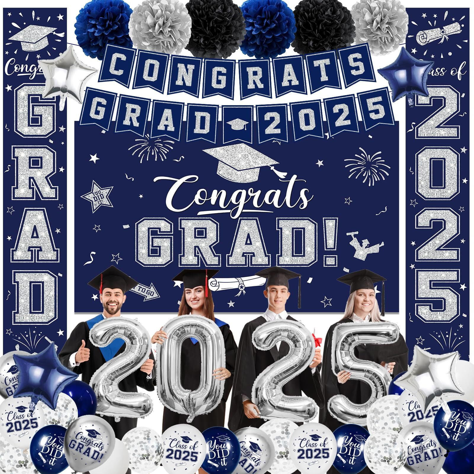 Graduation Decorations Class of 2025 Blue and Silver Graduation ...