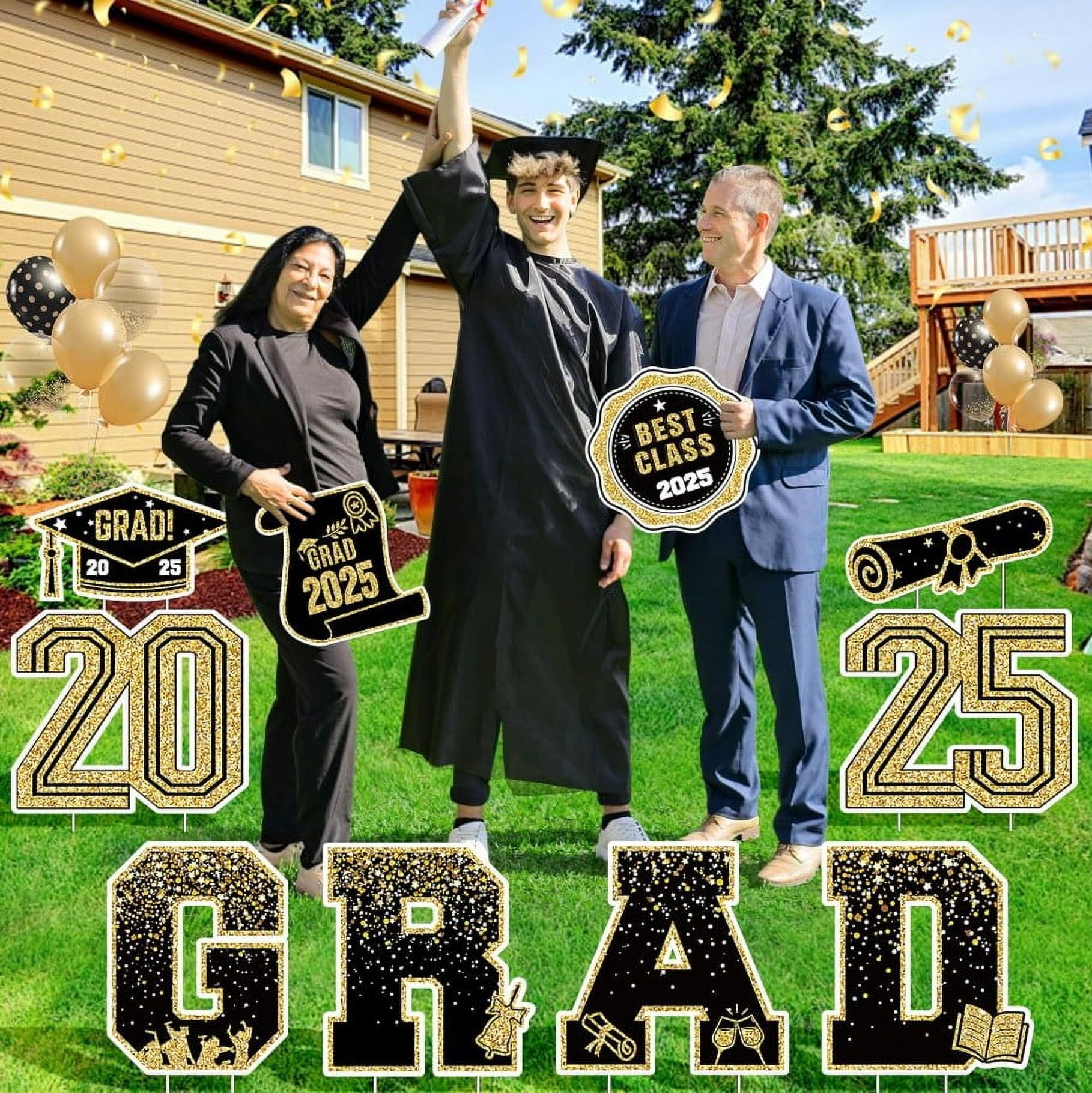 Graduation Decorations Yard Sign, 10 PCS Black Gold Large Congrats Grad ...